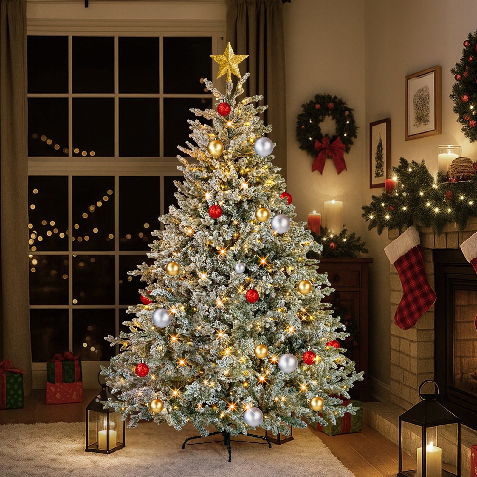 VINGLI 7ft Pre-lit Flocked Artificial Christmas Tree with 1100 Branches ...