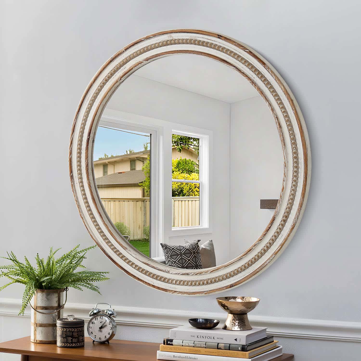 CIPACHO 23.62 Inch Rustic Wood Round Mirror Beaded Frame Decorative ...