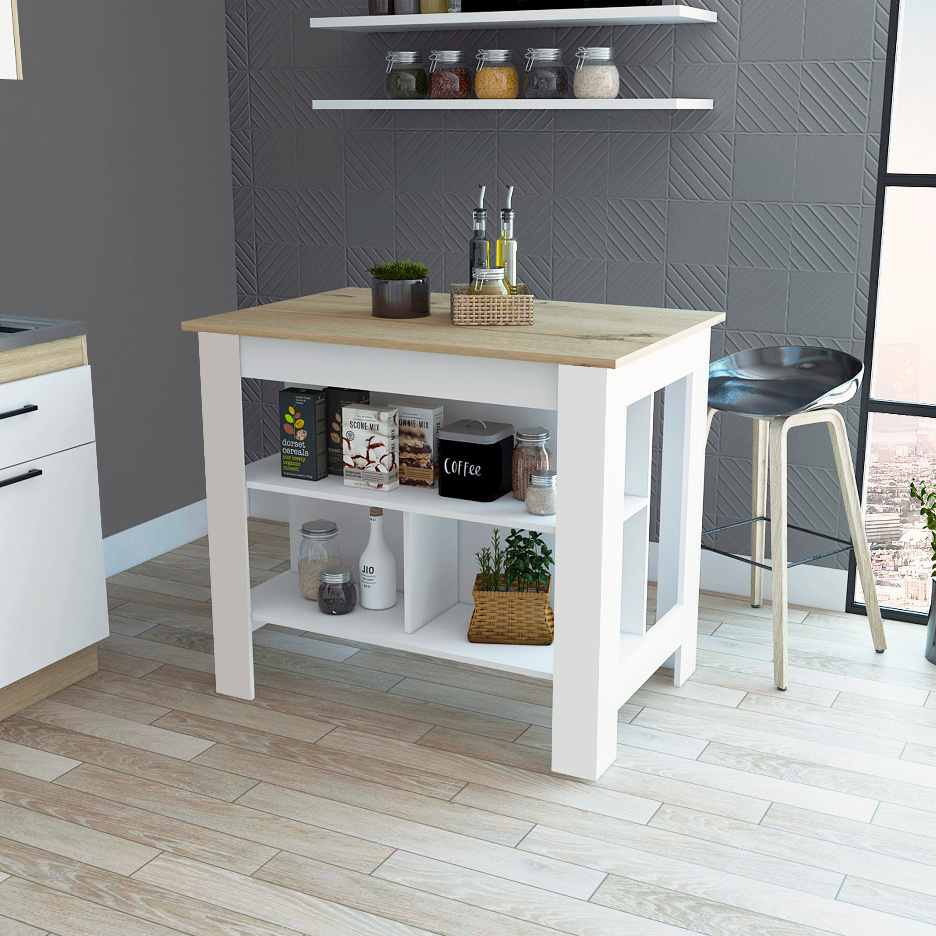 Afoxsos Brooklyn kitchen island white light oak three concealed shelves ...