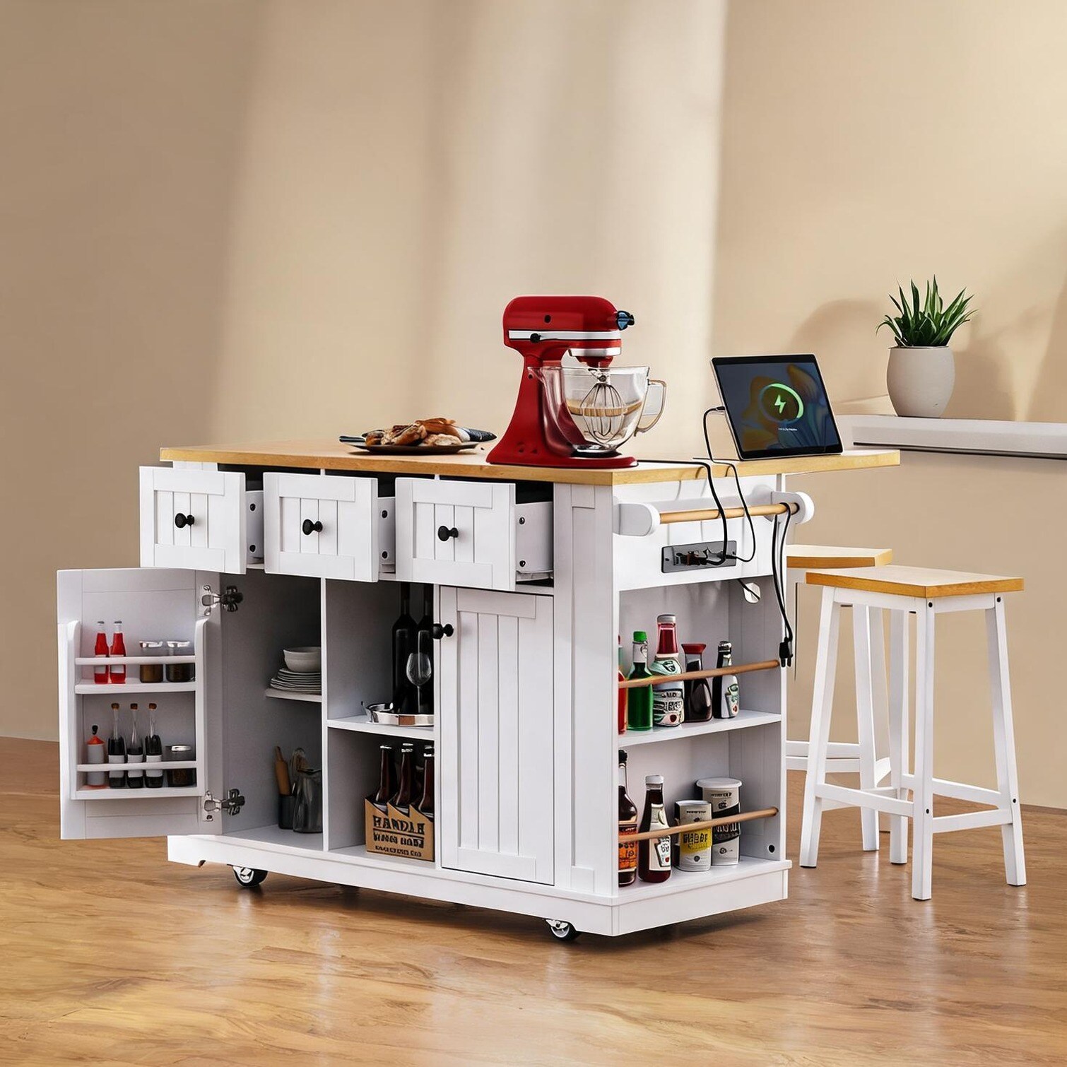 Watnature Large Kitchen Island Table with 2 Bar Stools 53-Inch Drop ...