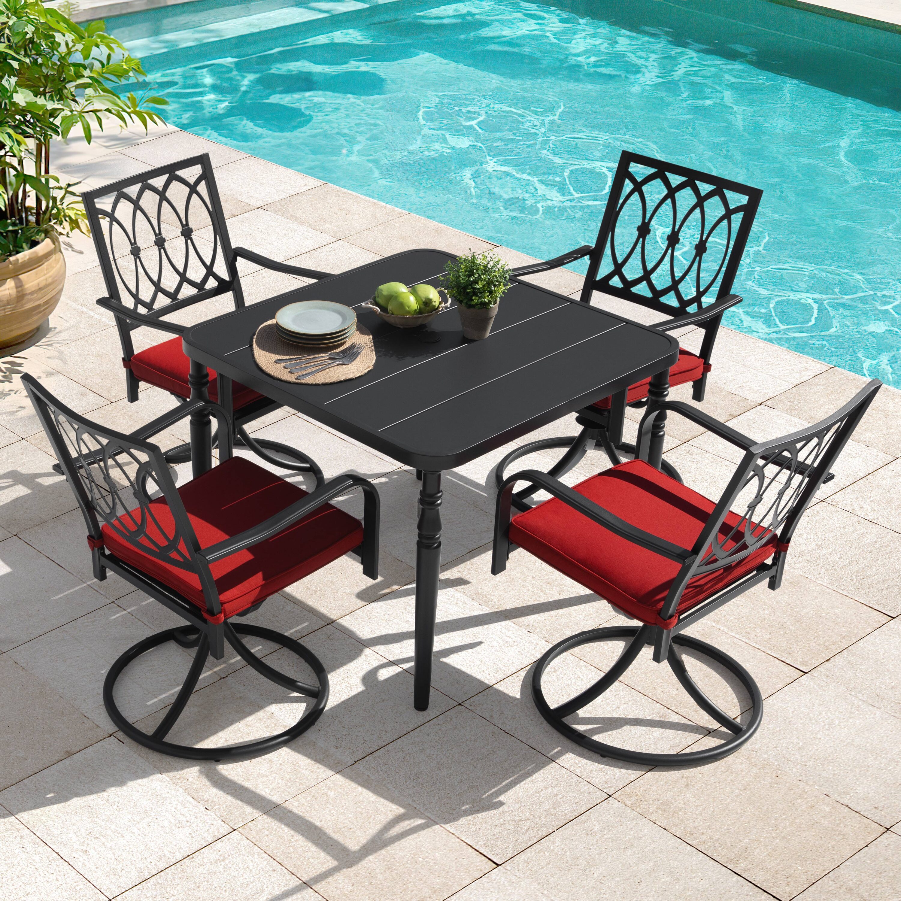 Nuu Garden 5 -Piece Black Patio Dining Set Iron Round Table with 4 Red ...