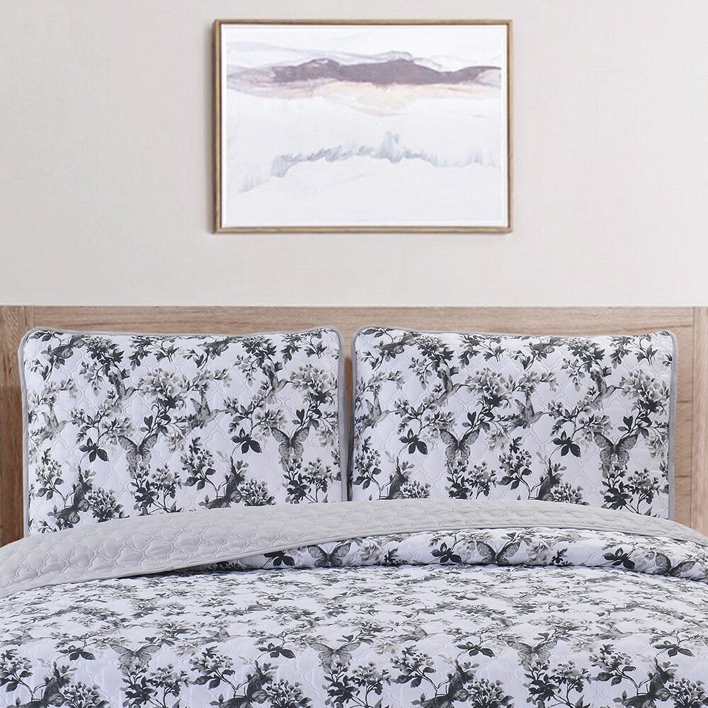 Dan River Reversible Quilt Set (3 Piece) Silver Floral Multi Reversible ...