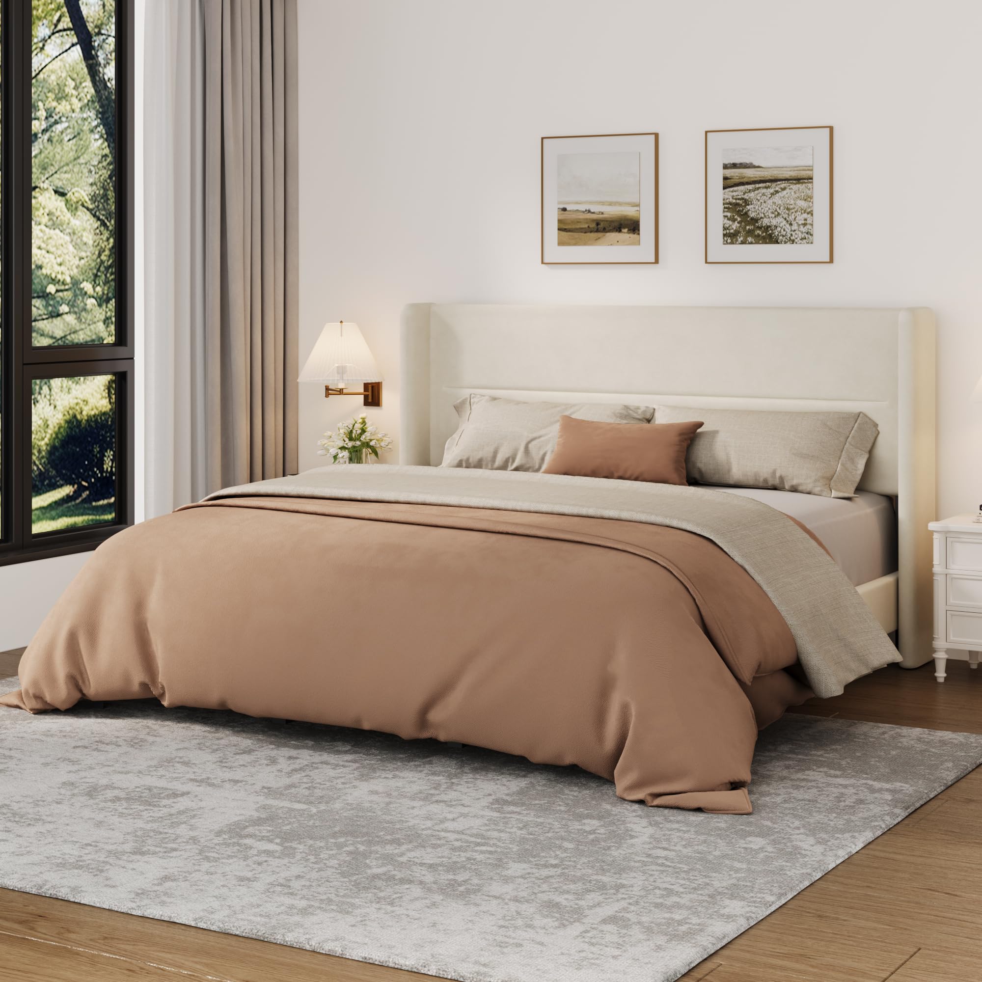 IdealHouse Velvet Wingback Bed Frame Upholstered Platform Bed with Wood ...