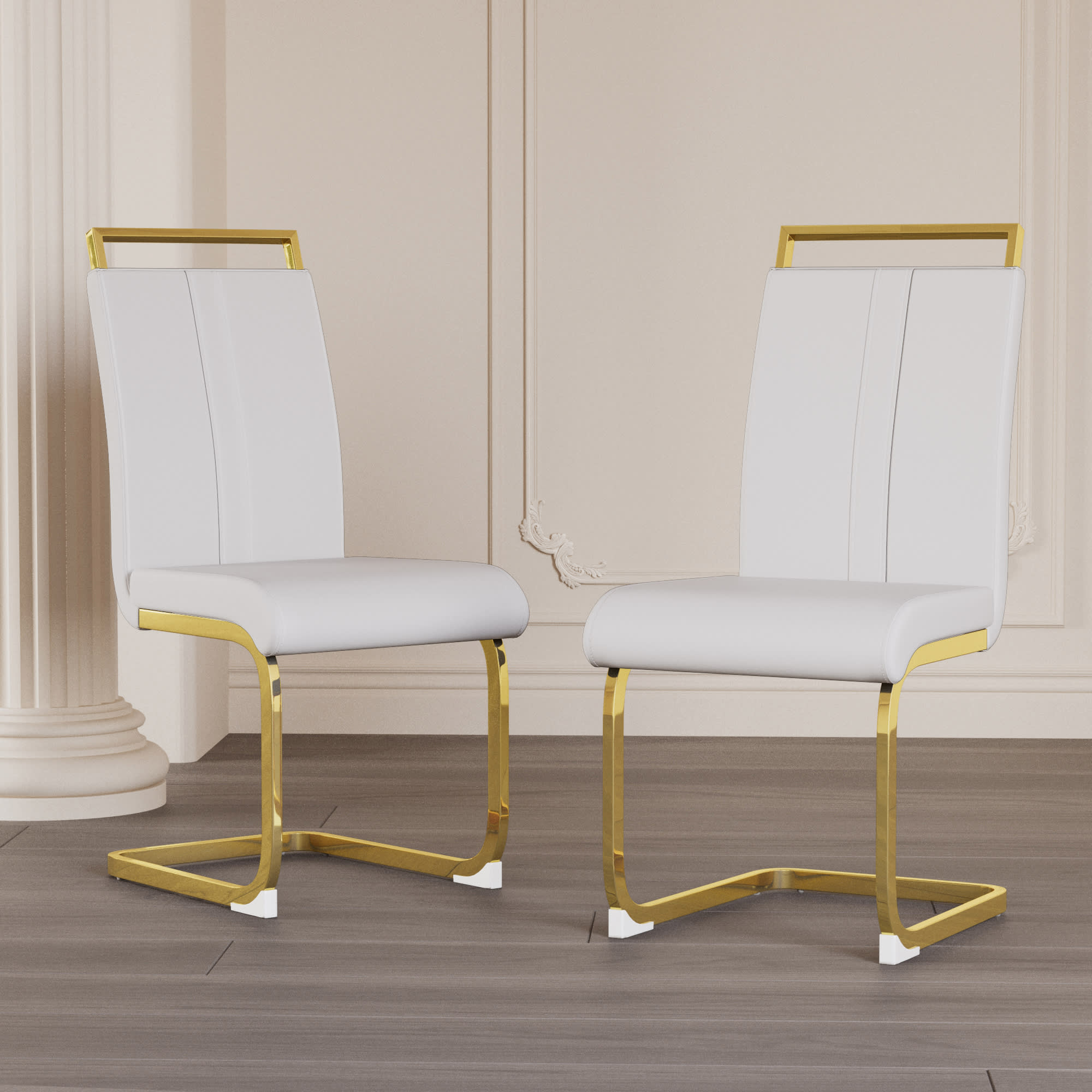 Vynxaria White PU Leather Dining Chairs Set of 2 High Back C Shape Gold ...