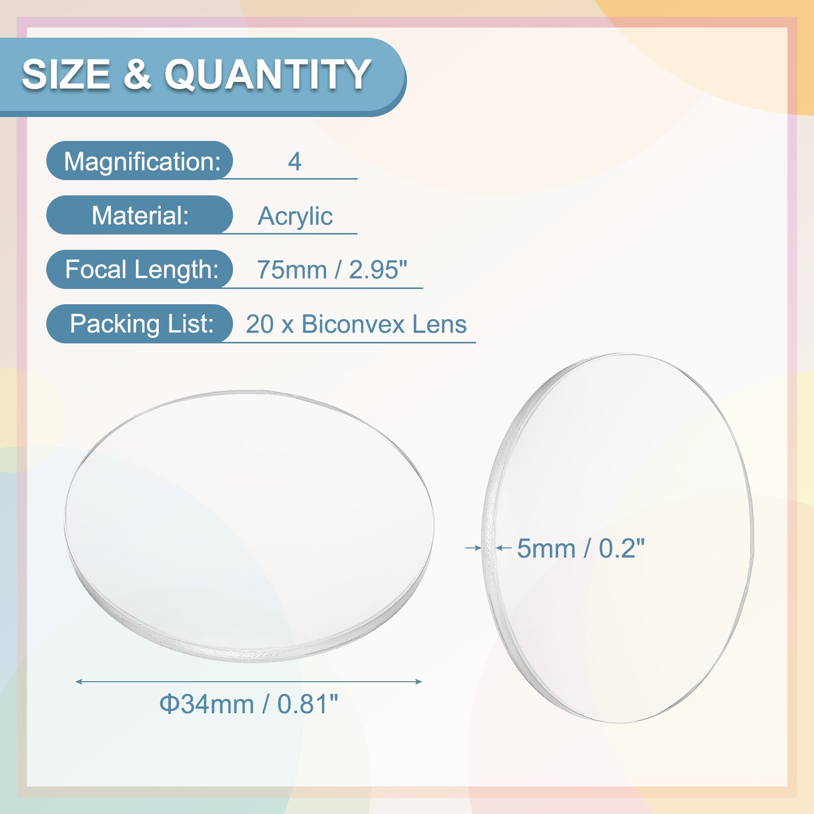 PATIKIL 20pcs Biconvex Lens 34mm Dia. 75mm Focal Length Optical Lenses ...