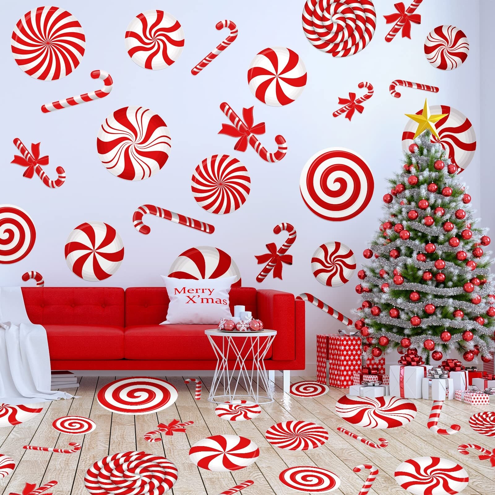 LAIFUCAM 30 pcs Christmas Candy Wall Stickers Assorted Sizes Red White ...