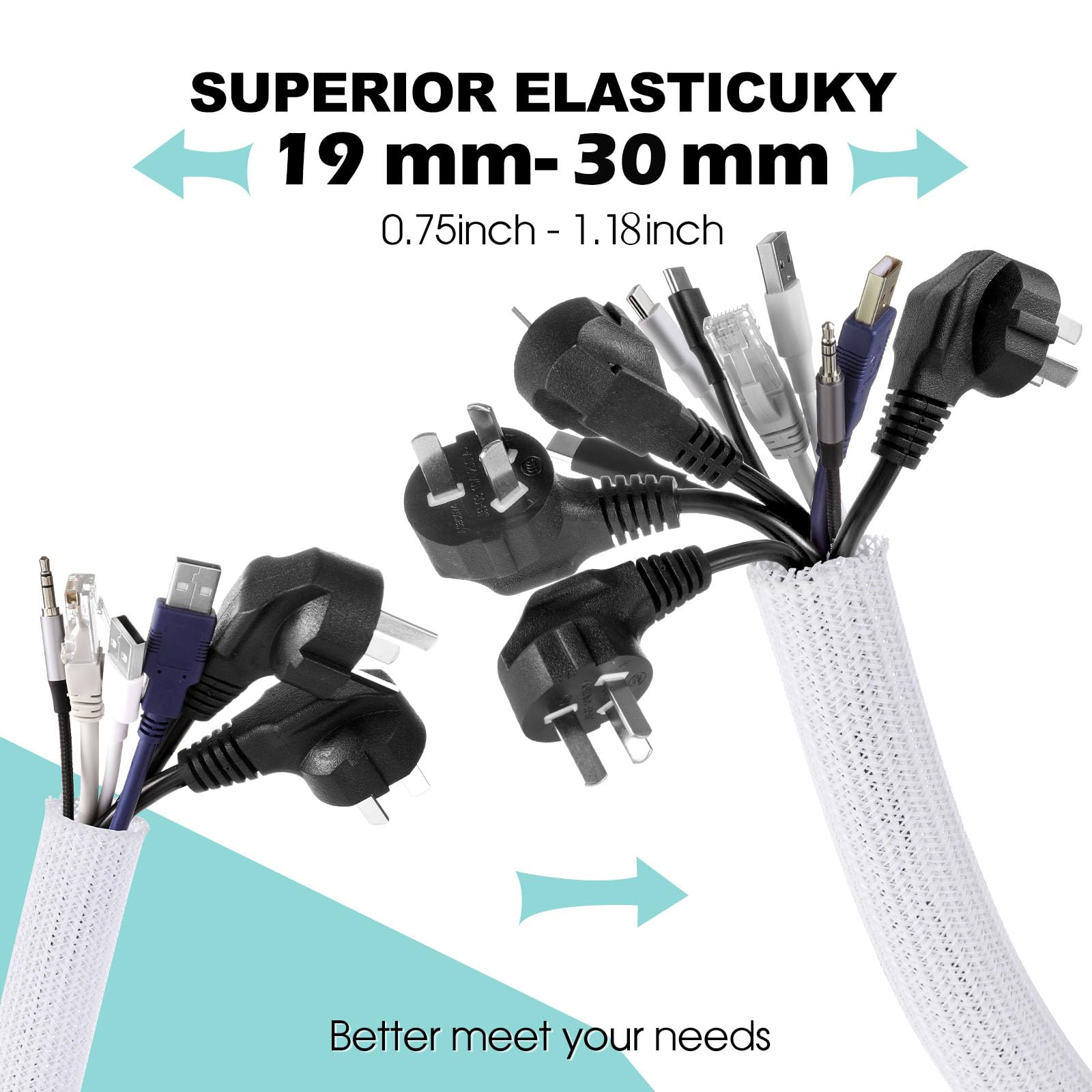 Etokfoks White Cable Sleeve Cover 2 Pack 5ft 1.2 Inch Desk Cord ...