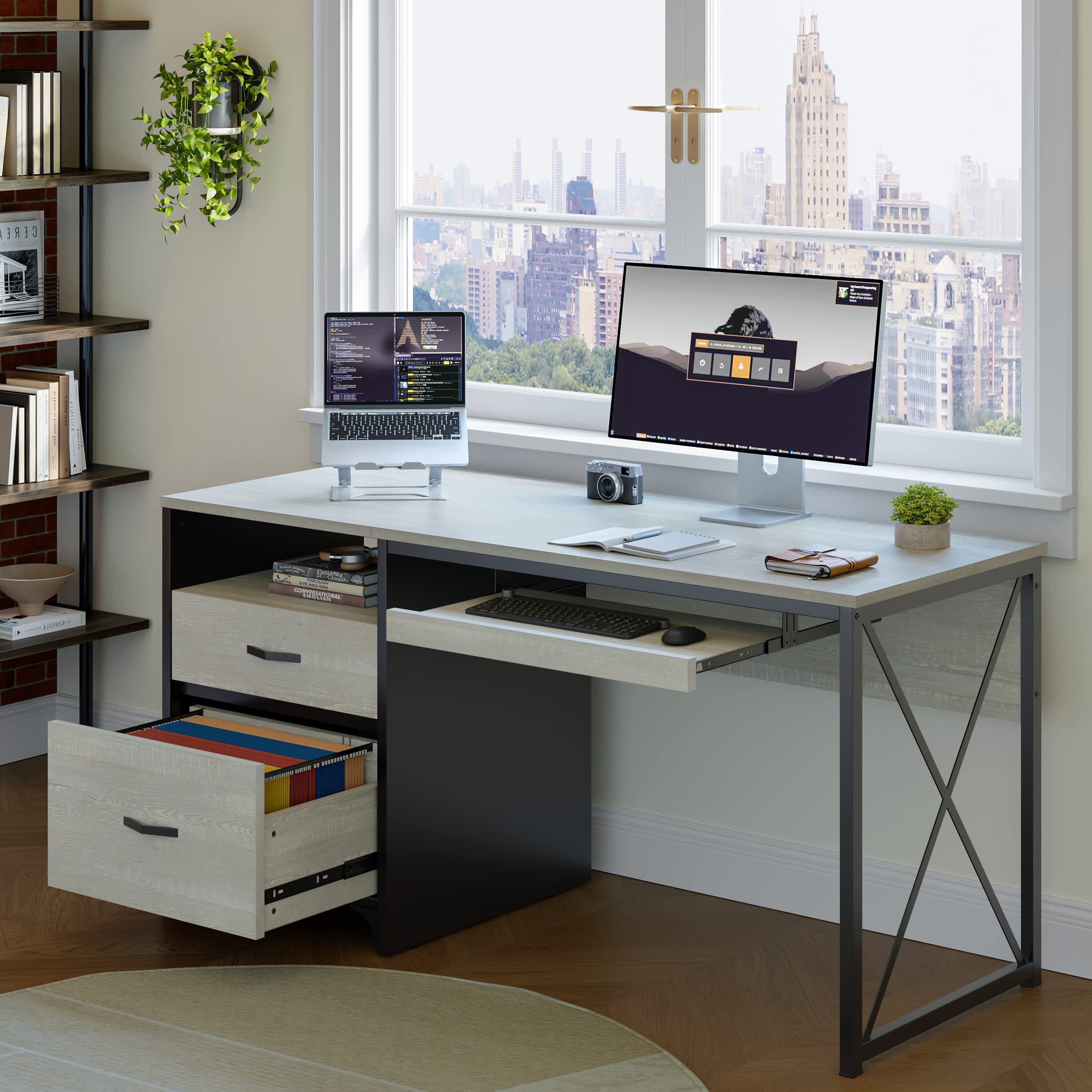 Bestier 55.12-in W 2-Drawer White Computer Desk with Keyboard Tray and ...