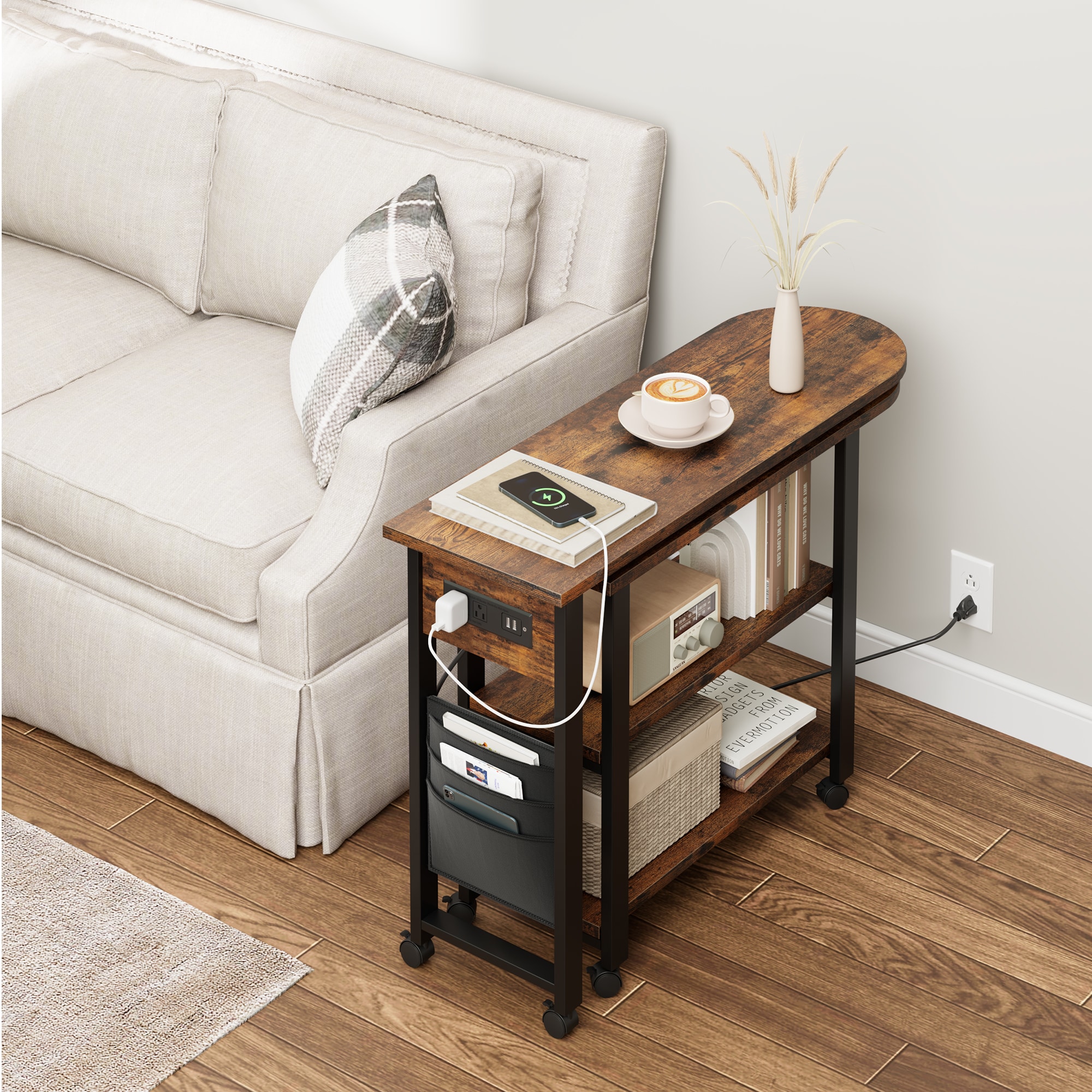 IdealHouse 360 Degree Rotating Sofa Side Table with Charging Station ...