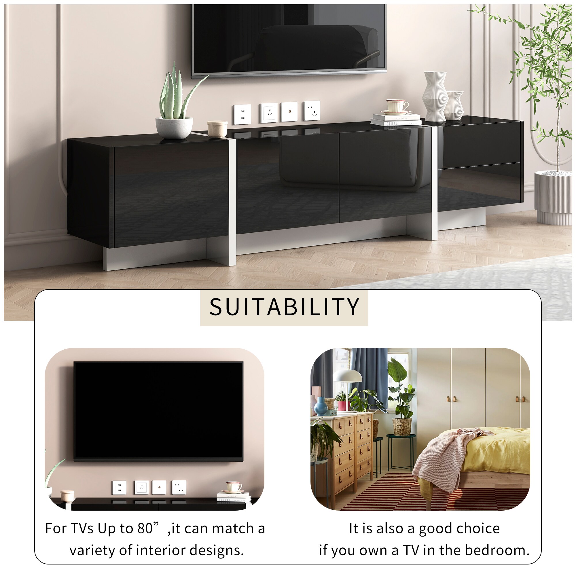 Huluwat 80 Inch Contemporary TV Stand with High Gloss UV Surface for ...