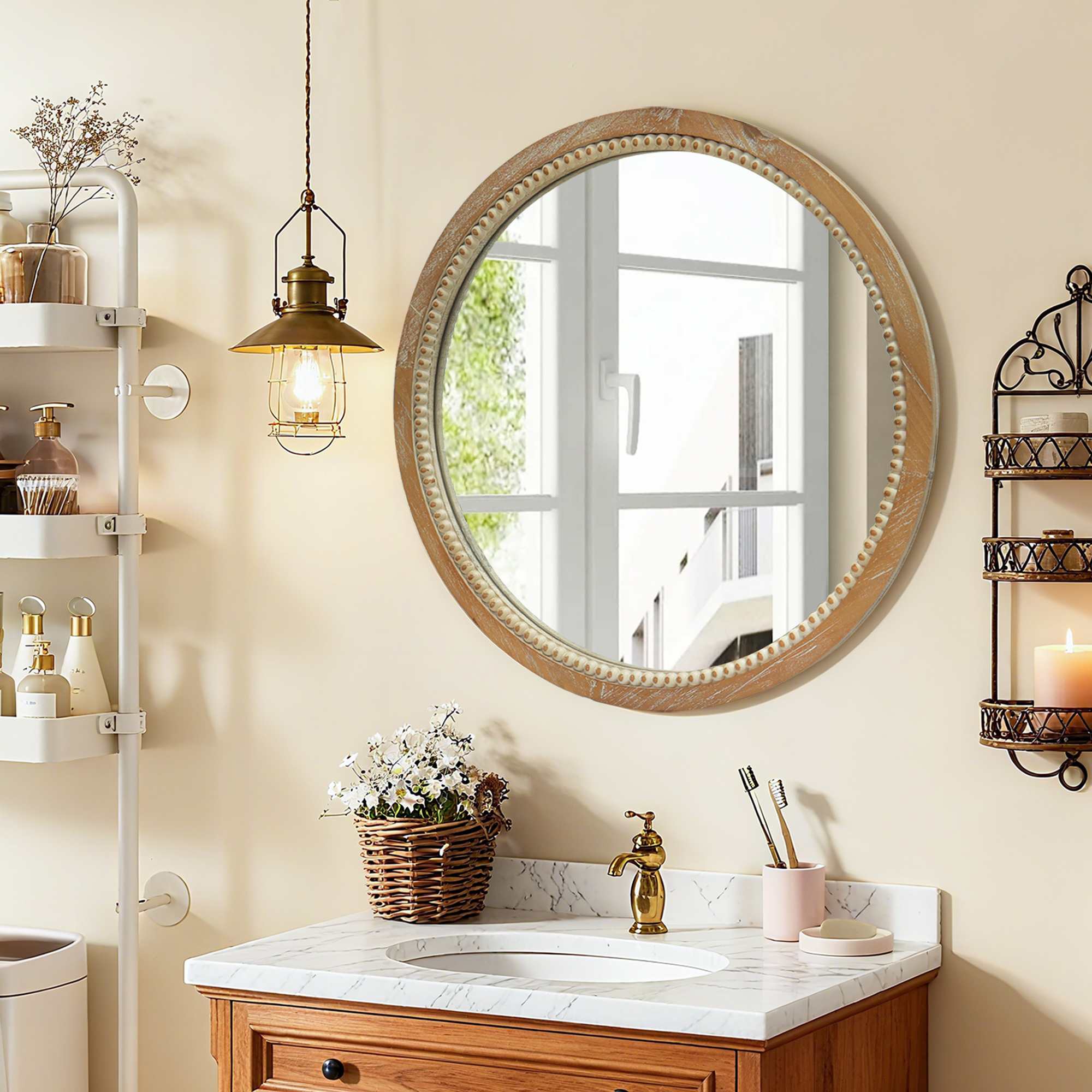 Vynxaria Round Distressed Wood Beaded Wall Mirror 24 Inch Farmhouse ...