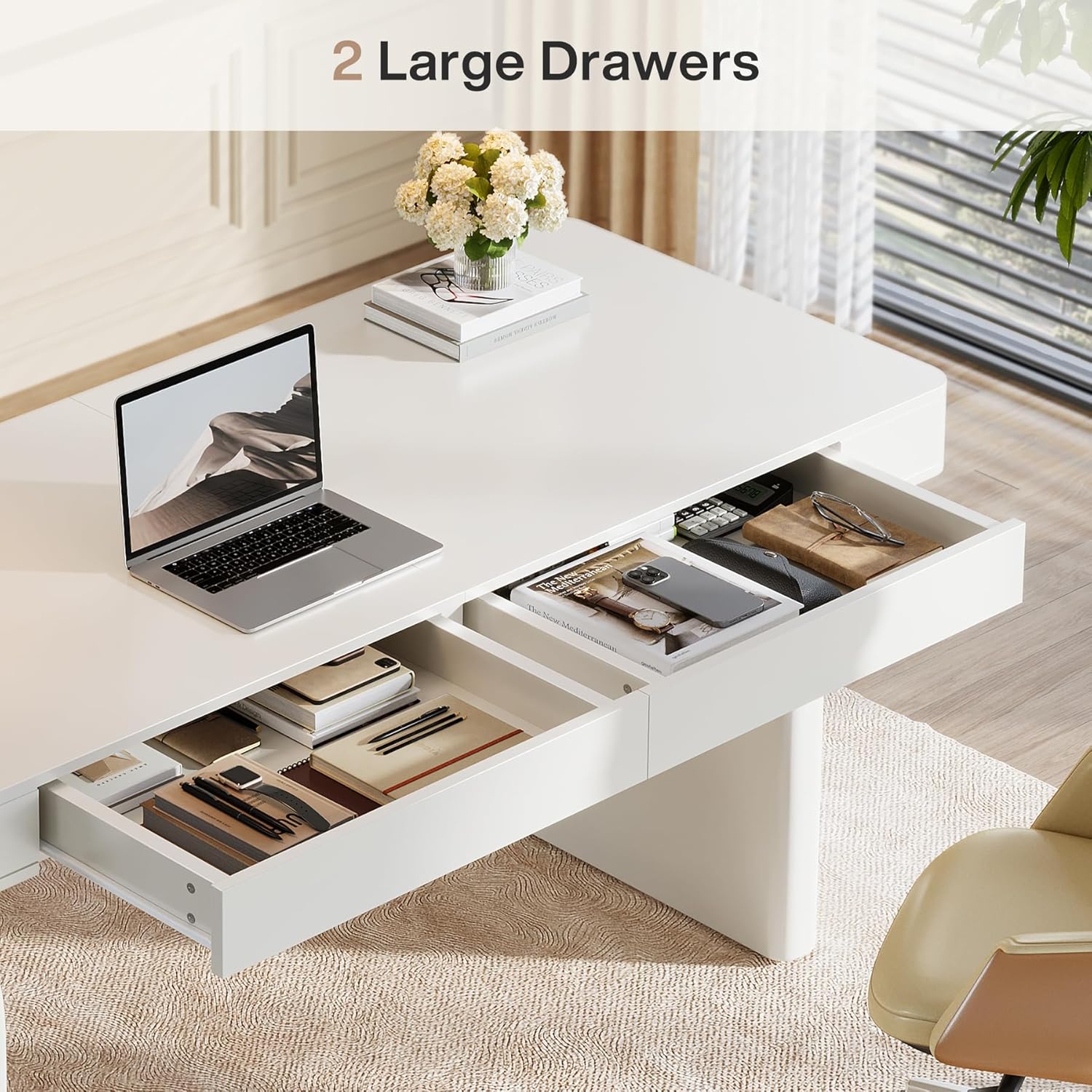 Tribesigns 63 inch W Cream White Computer Desk Writing Table with ...