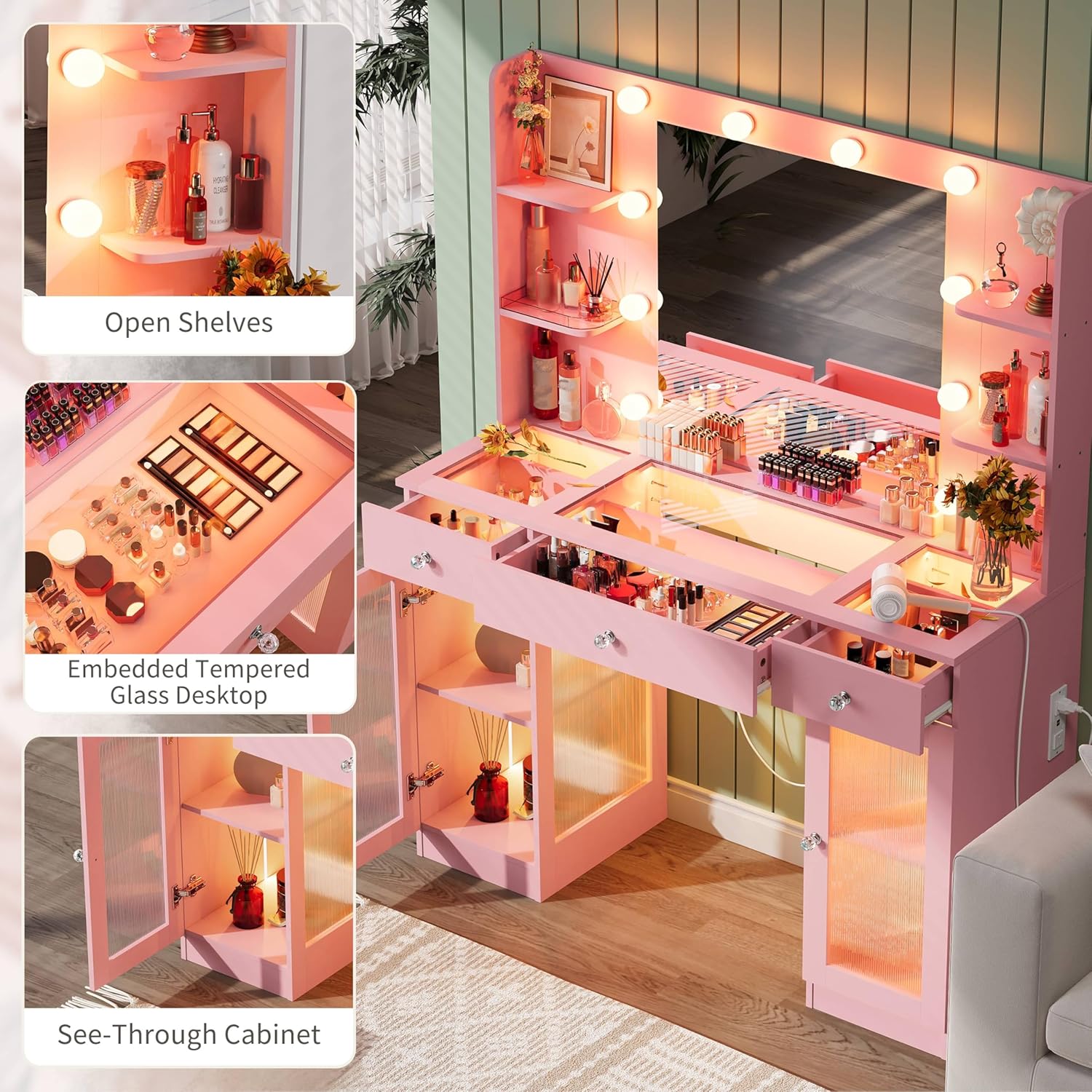 DIYSET Makeup Vanity with Glass Top Pink Vanity Desk with Mirror and ...