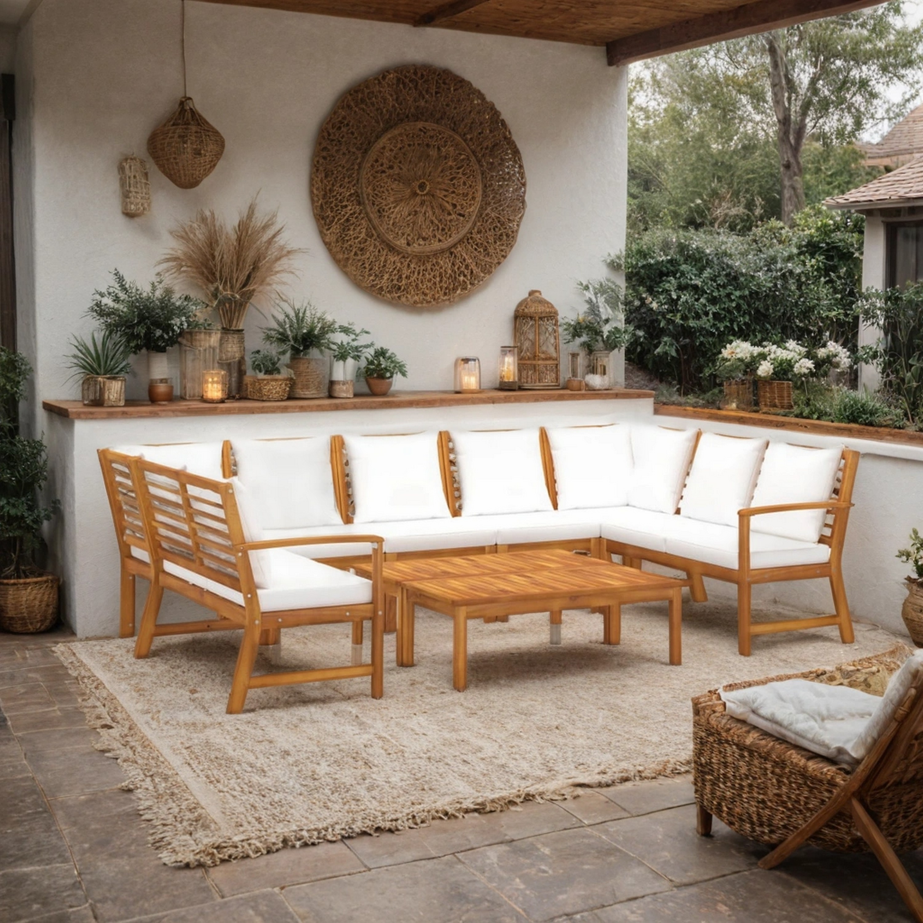 Benzara 9-Piece Natural Brown Wood Outdoor Modular Sectional Sofa with ...