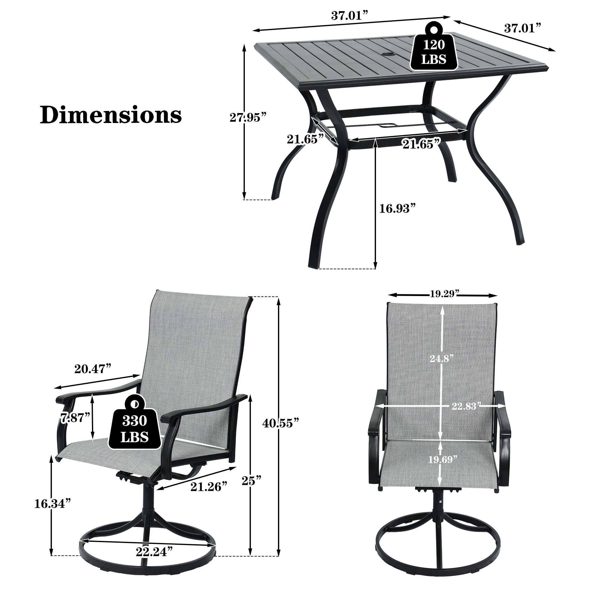 NOBLEMOOD 5 -Piece Black Patio Dining Set Iron Square Table with 4 Gray ...