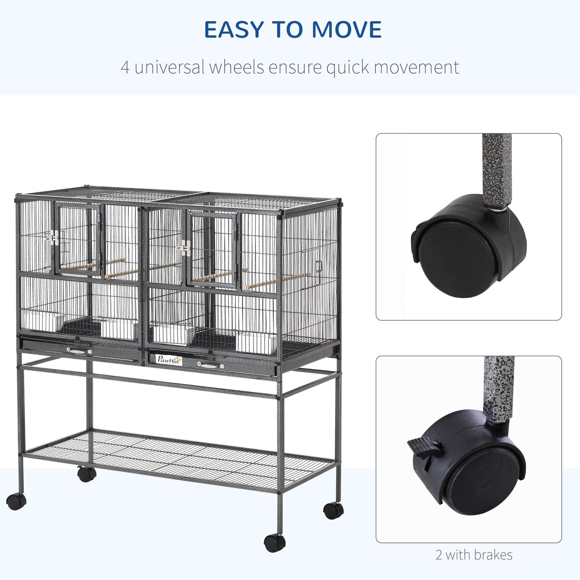 PawHut Divided Breeder Bird Cage with Rolling Stand Removable Metal ...