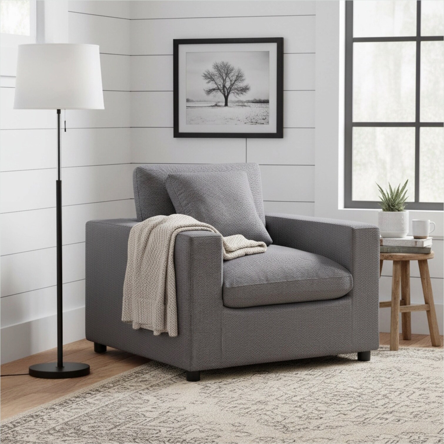 Watnature Charcoal Polyester Modern Armchair with Down Feather Cushions ...