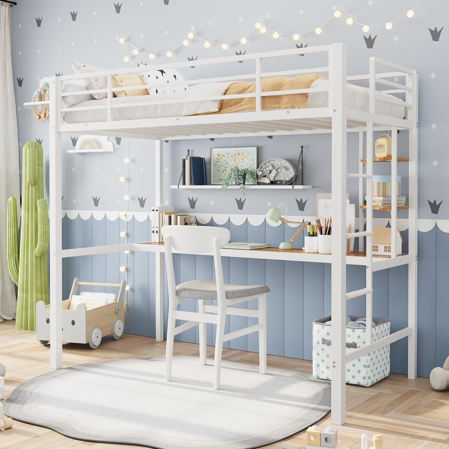 Garvee Twin Size Metal Loft Bed with Large Desk and Storage Shelves ...