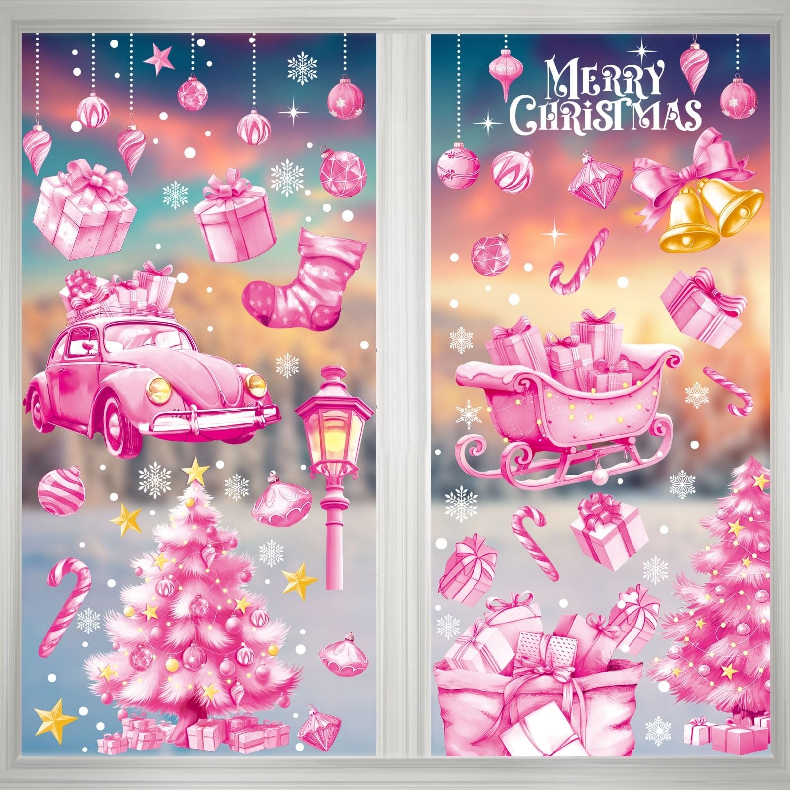 LAIFUCAM 8 Sheet Pink Christmas Window Clings Large Snowflake Stickers ...