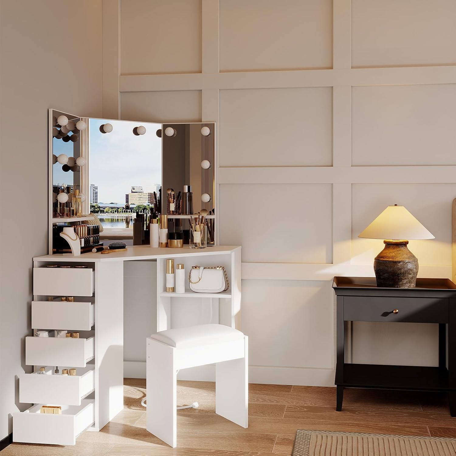 Qeetex Corner Vanity and Stool - Corner Vanity Desk with Mirror and ...