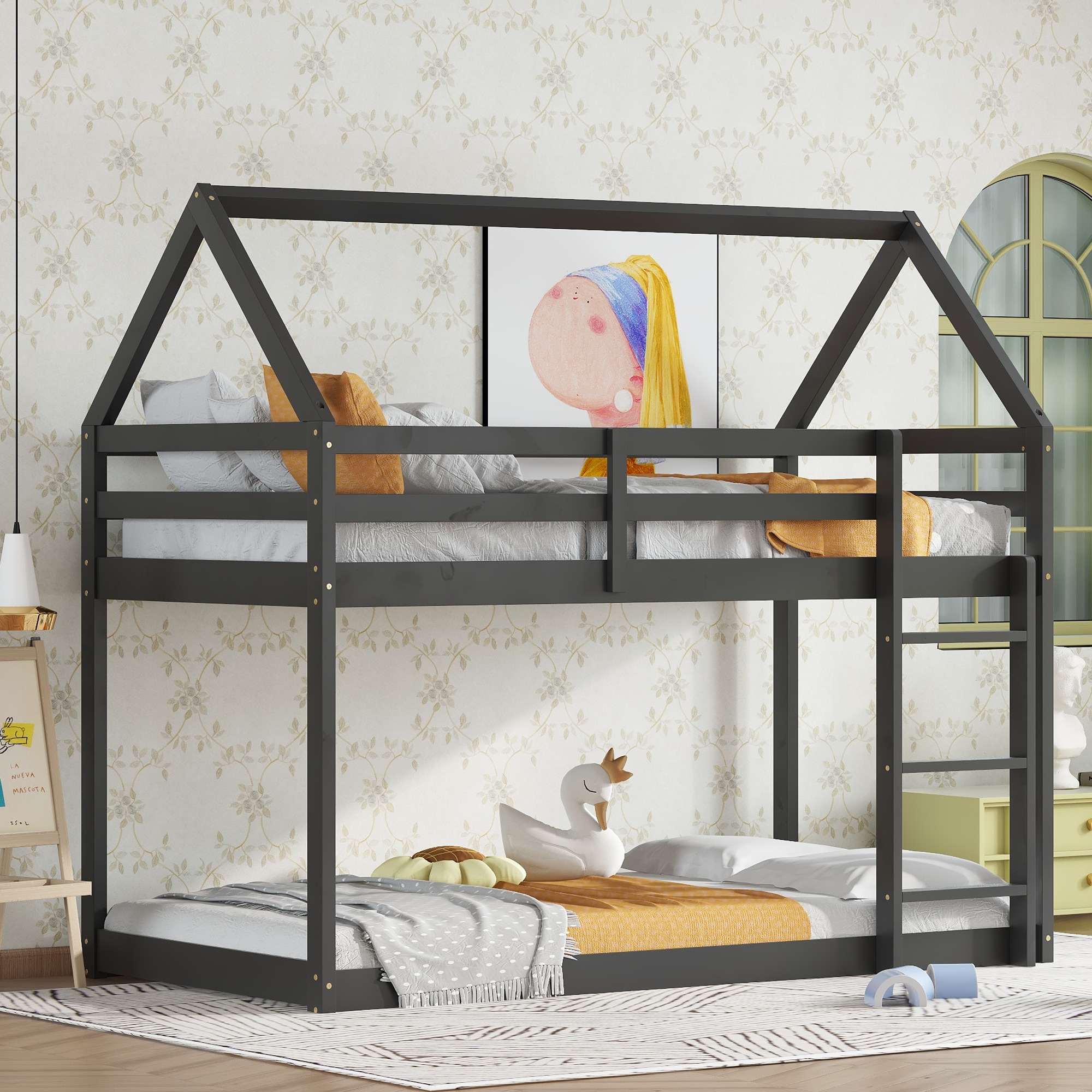 KTMBDW Low Bunk Bed Twin Over Twin - Floor Bunk Bed with Ladder and ...