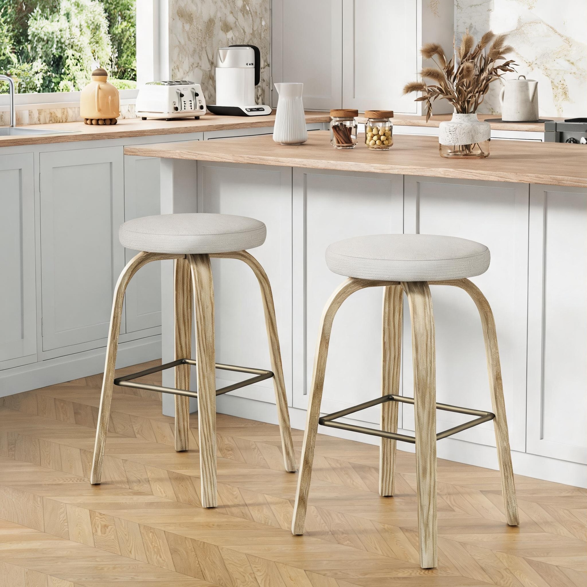 Watnature Fabric Upholstered Swivel Bar Stools Set of 2 Backless 30 ...
