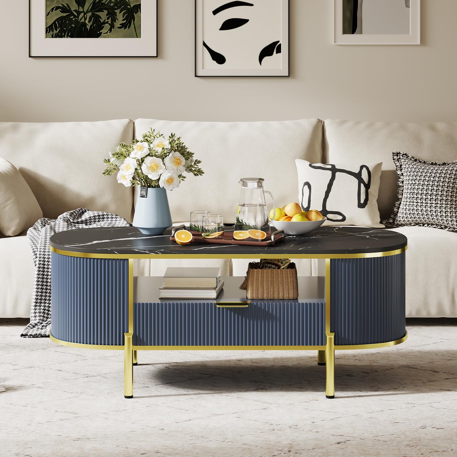 Lumberock 48in Oval Coffee Table Modern Fluted Coffee Center Tables ...