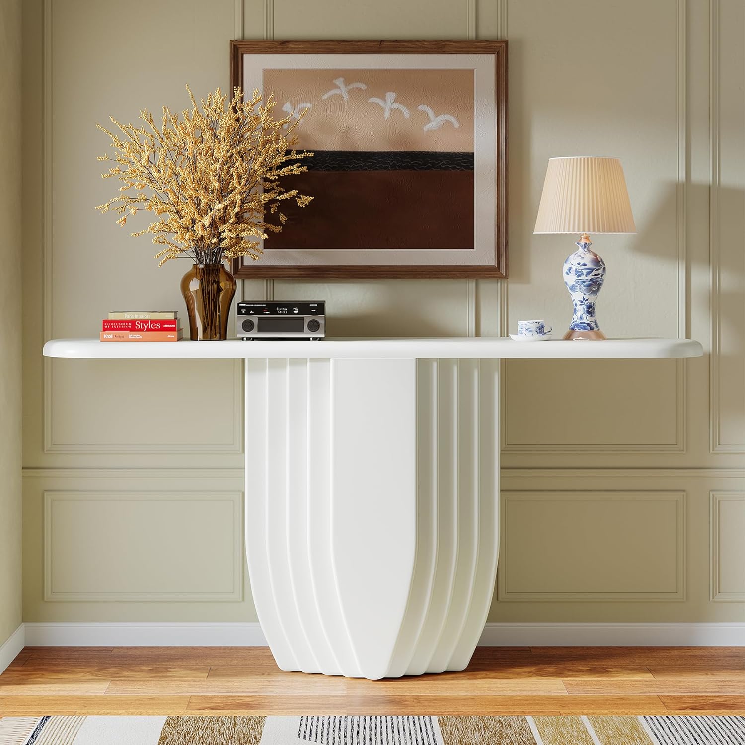 Tribesigns 63 inch W Modern White Console Table with Geometric Base for ...