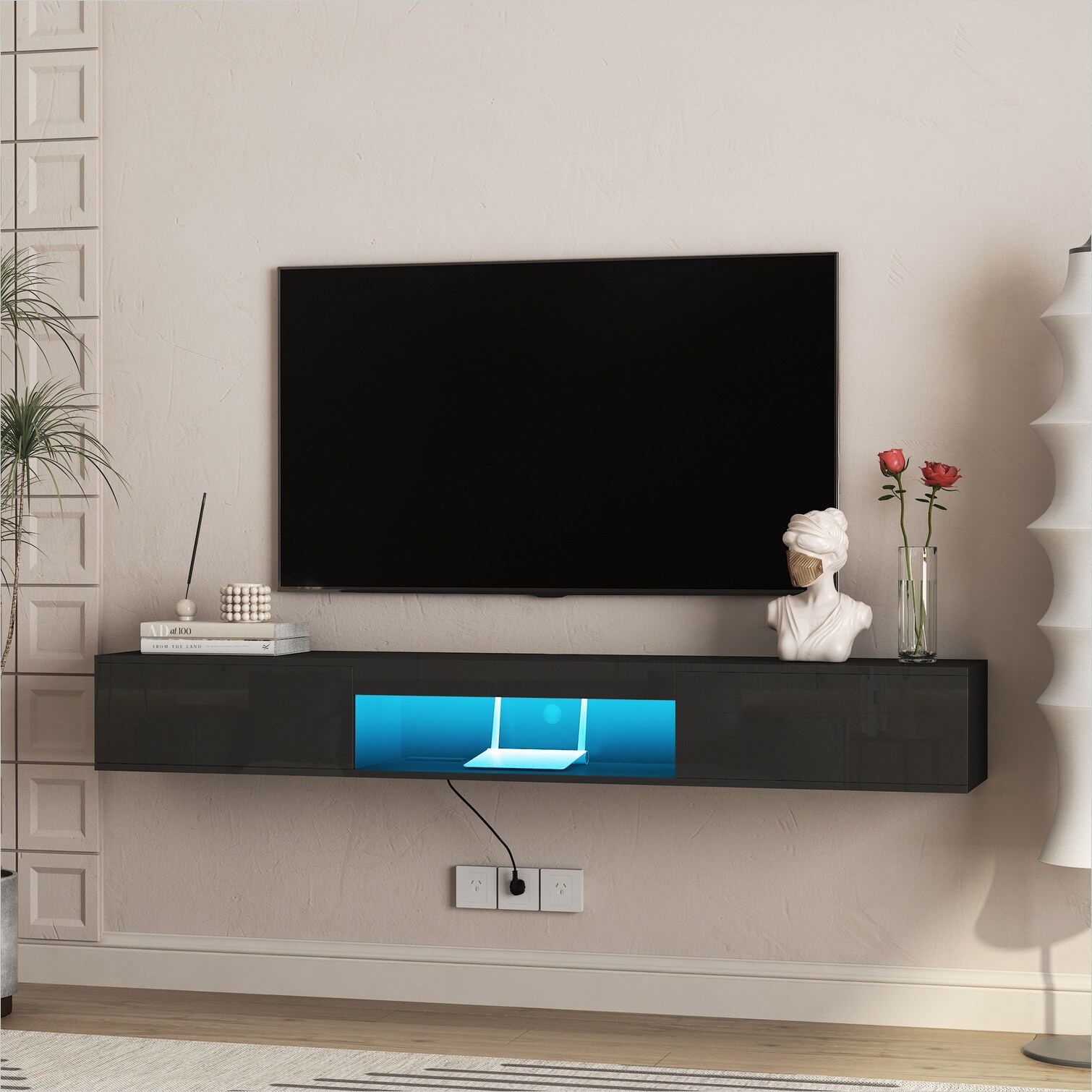 Watnature Wall-Mounted Floating TV Stand with Storage and 16-Color LED ...
