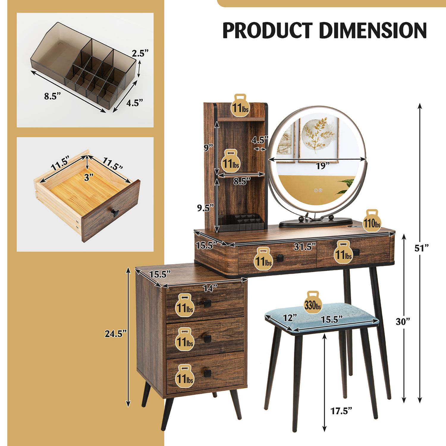 Costway Vanity Makeup Table Set 3-Color Dimmable Human Body Induction ...
