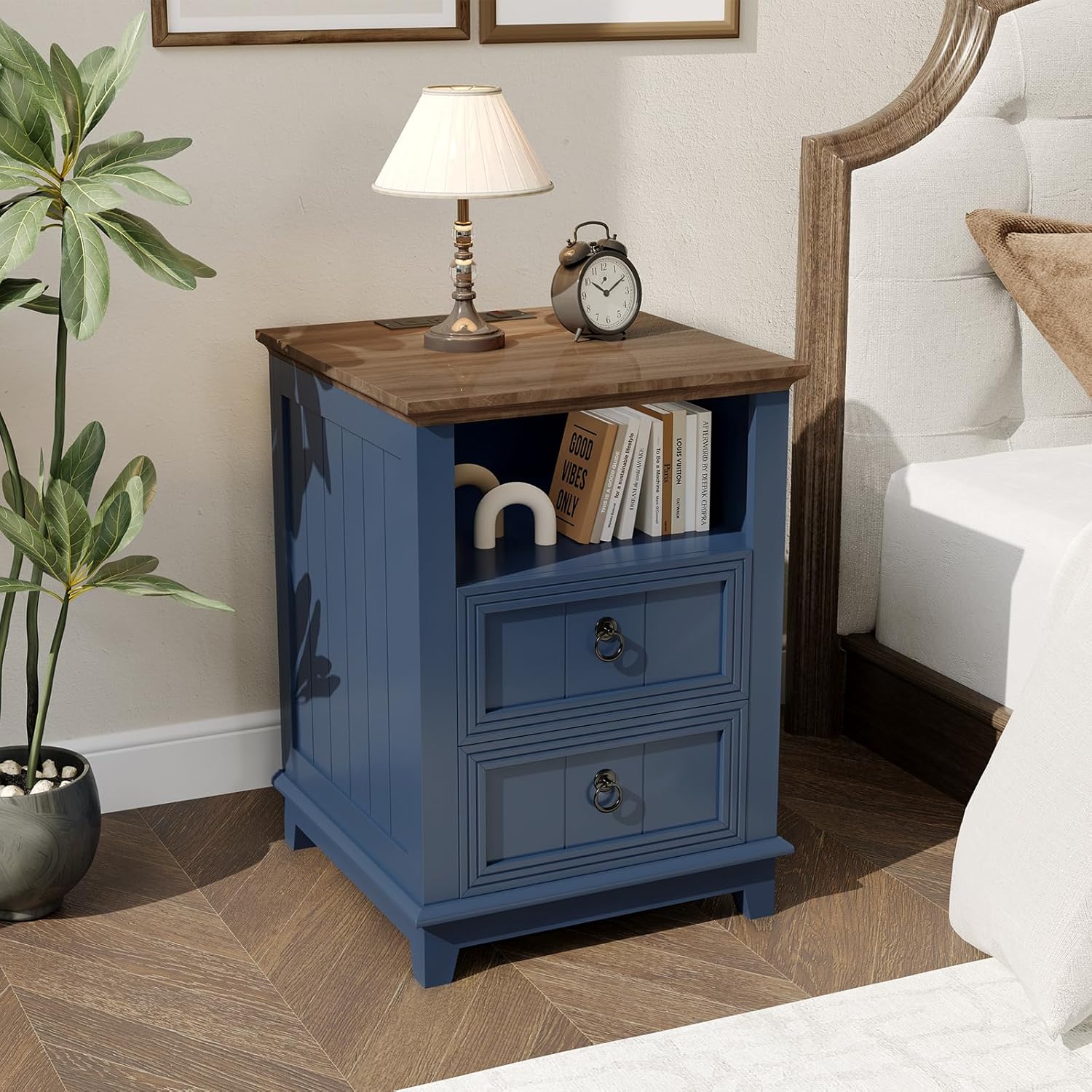 GAOMON Modern Farmhouse Nightstand with Charging Station Blue Wooden ...