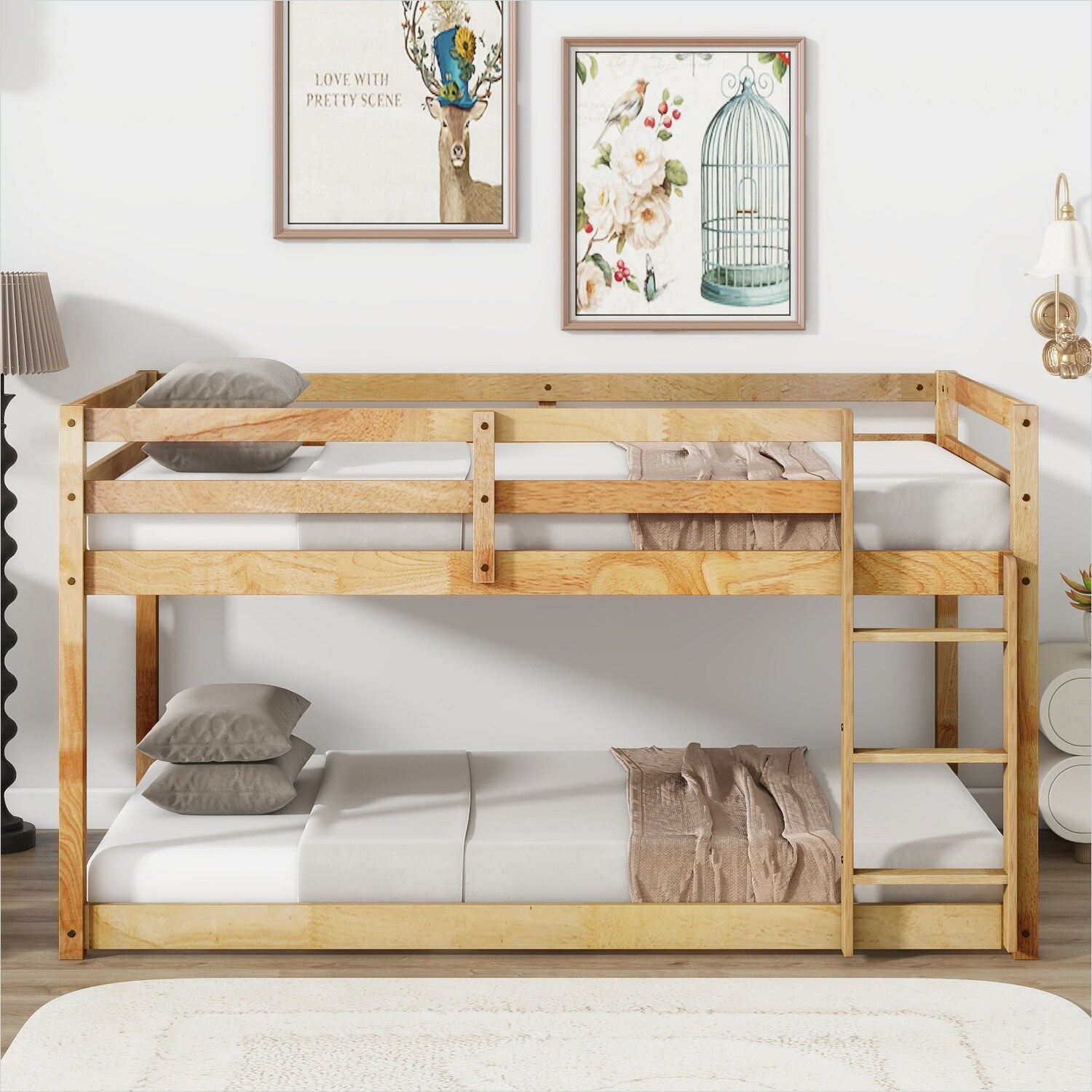 Watnature Low Profile Twin over Twin Floor Bunk Bed with Under-Bed ...