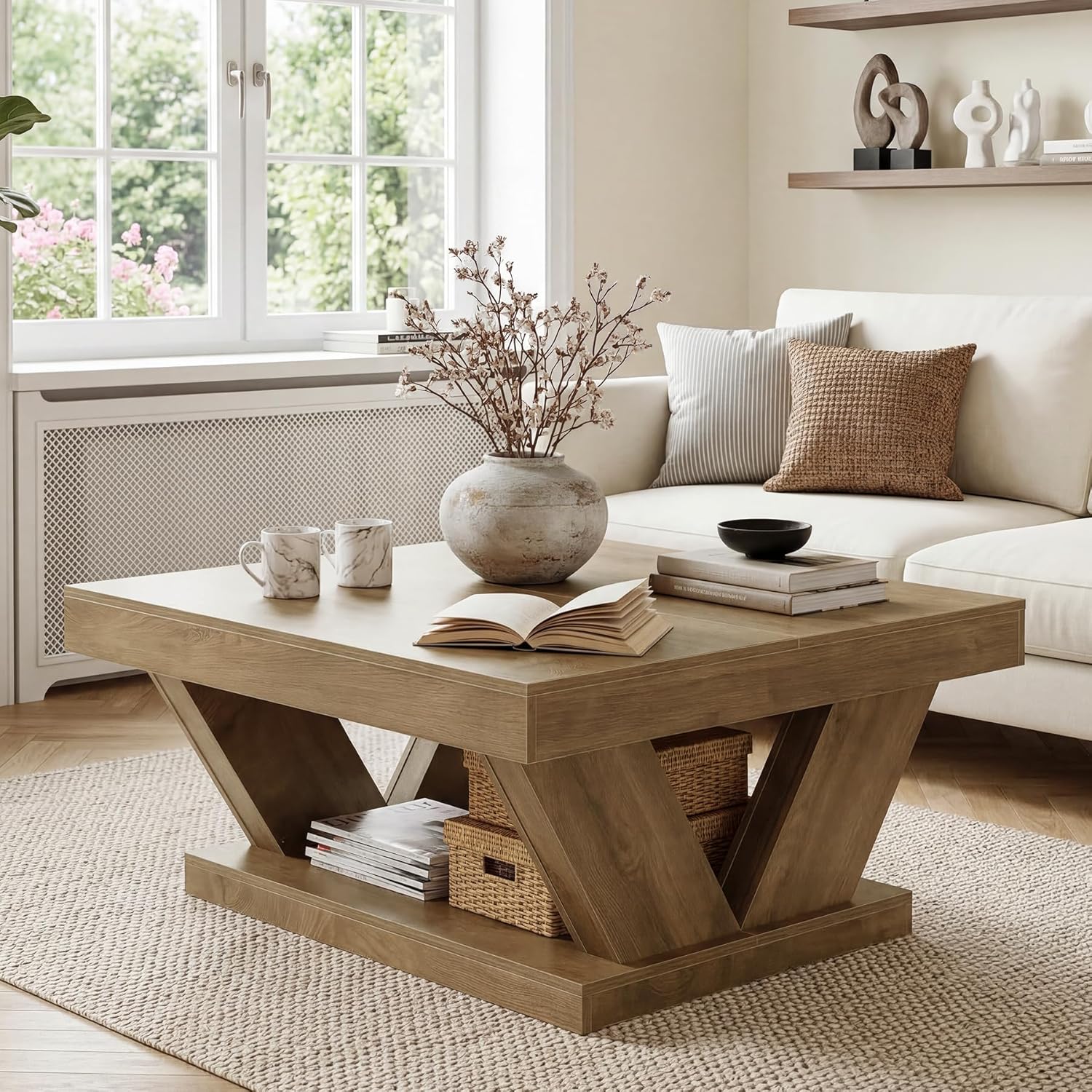 Tribesigns Farmhouse Square Brown 39.4 inch W Coffee Table with Large ...