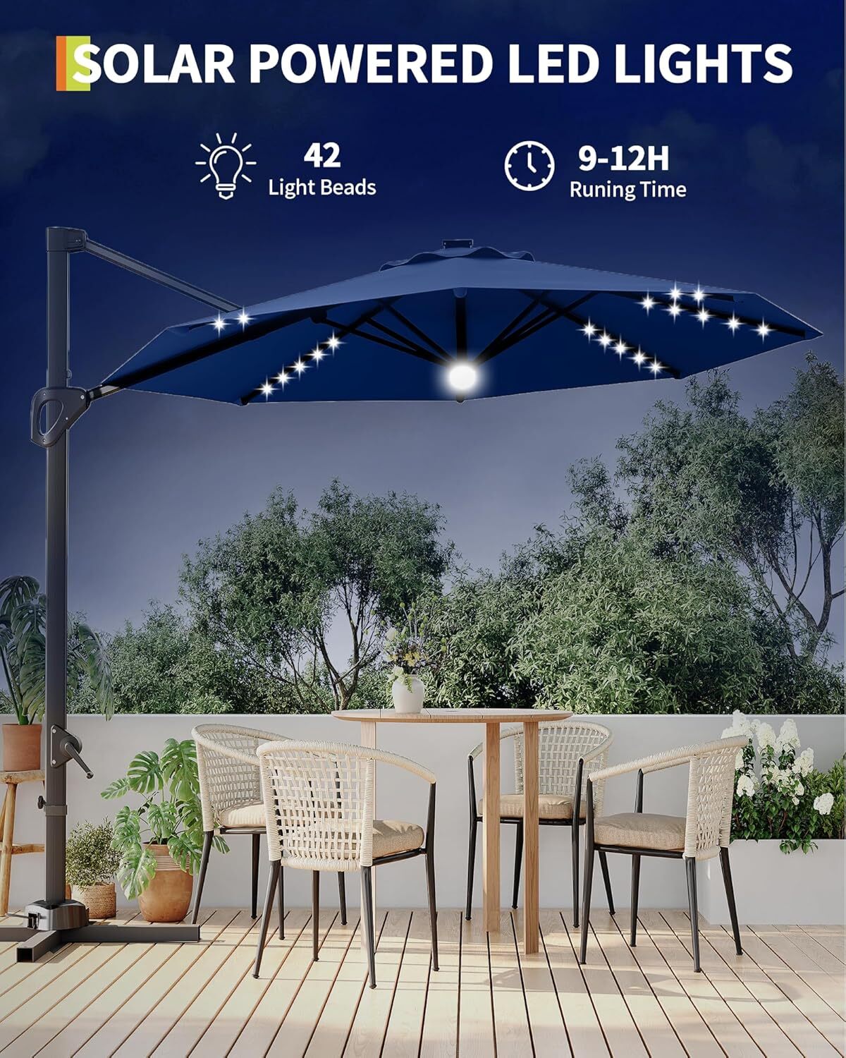 Aoile 10ft Large Cantilever Umbrella with Base and Solar LED Lights for ...