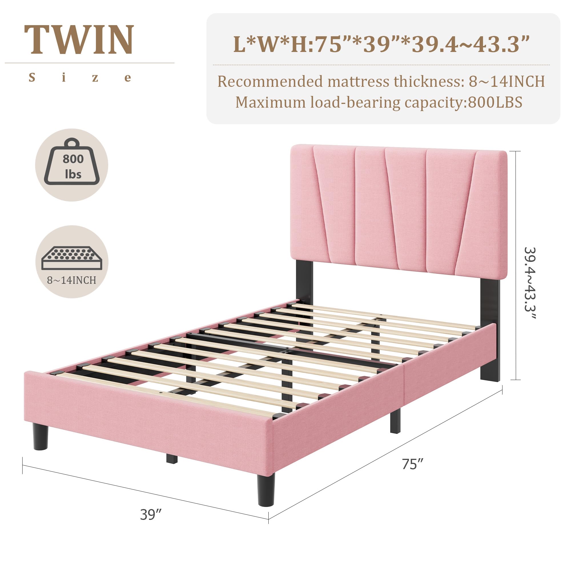 IdealHouse Pink Twin Soft Upholstered Platform Bed Adjustable Tufted ...