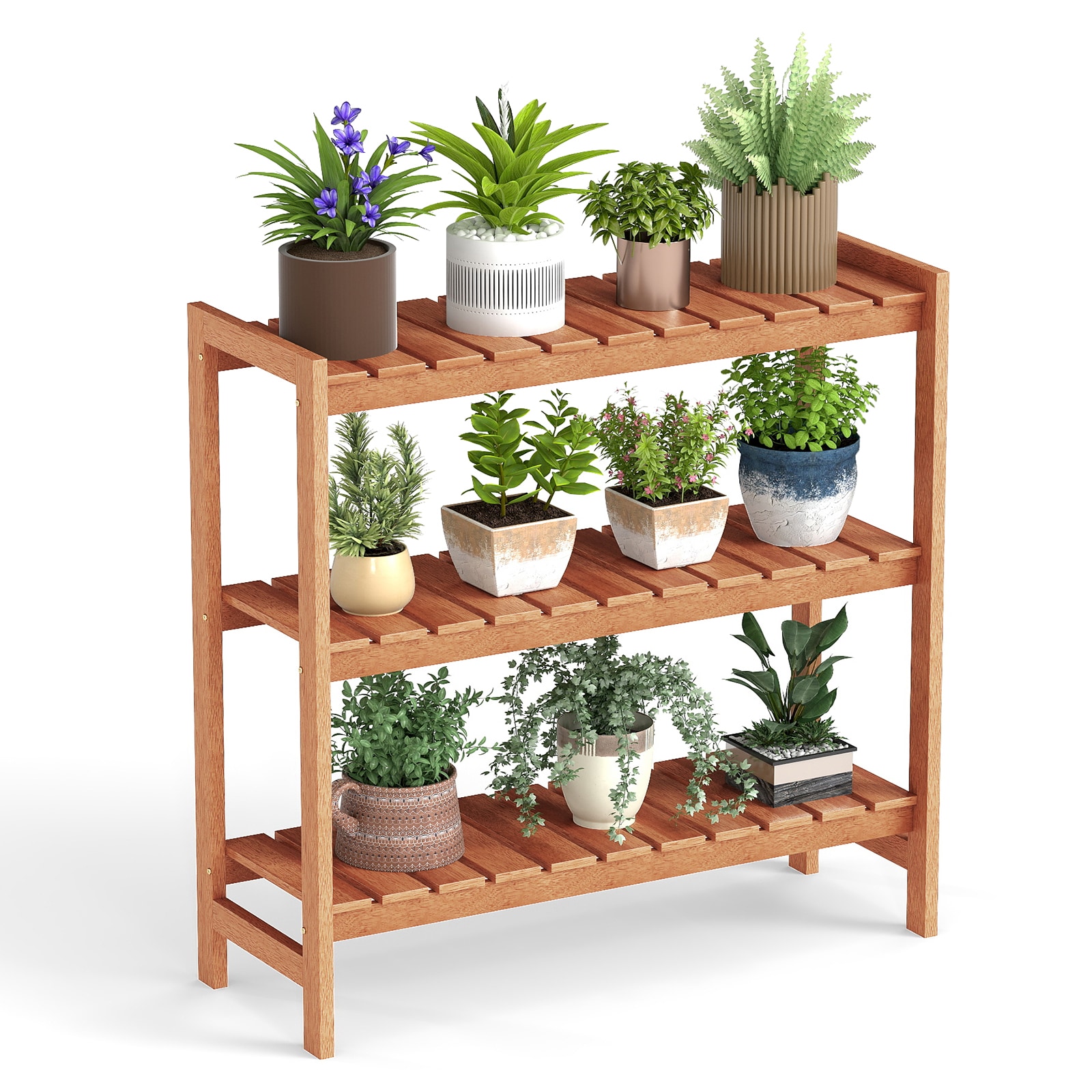 Costway 3-Tier Solid Wood Plant Stand with Slatted Shelves Take Oil ...