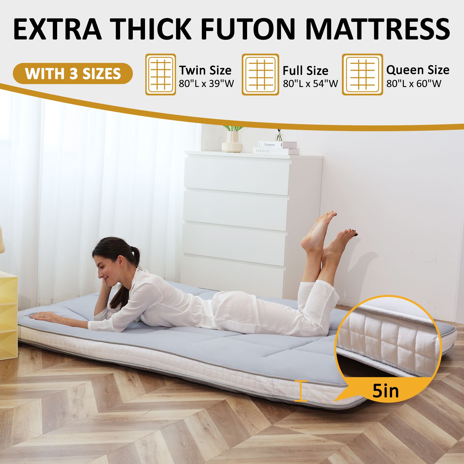 Esazn Japanese Floor Mattress Futon Mattress Foldable Mattress Roll Up Mattress Sleeping Tatami Mat Floor Lounger Guest Bed Easy to Store and Portable for Camping Couch Full in the Mattresses departme...