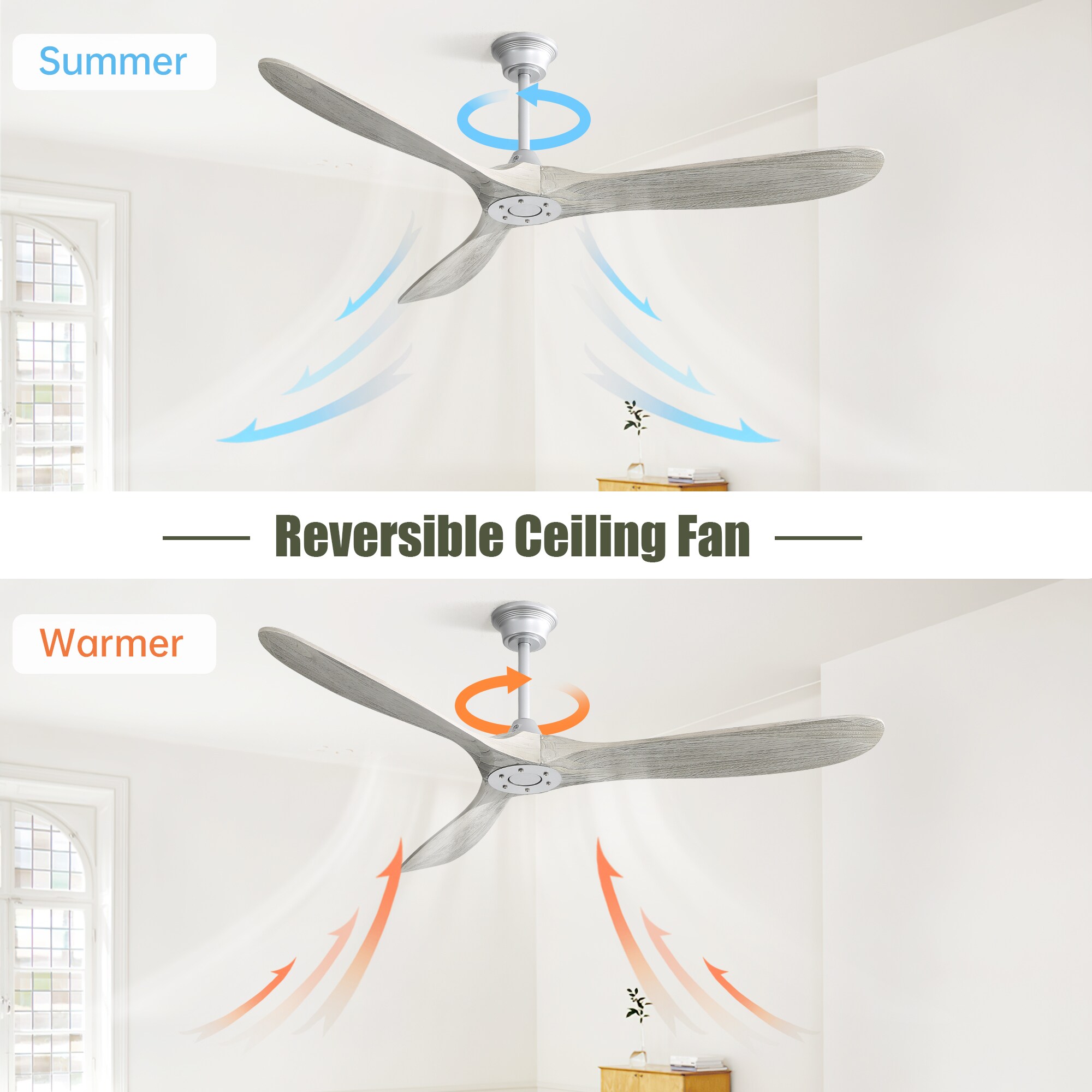 JUSHUA 60 Inch Modern Ceiling Fan With 6 Speed Remote Control 3 Solid ...