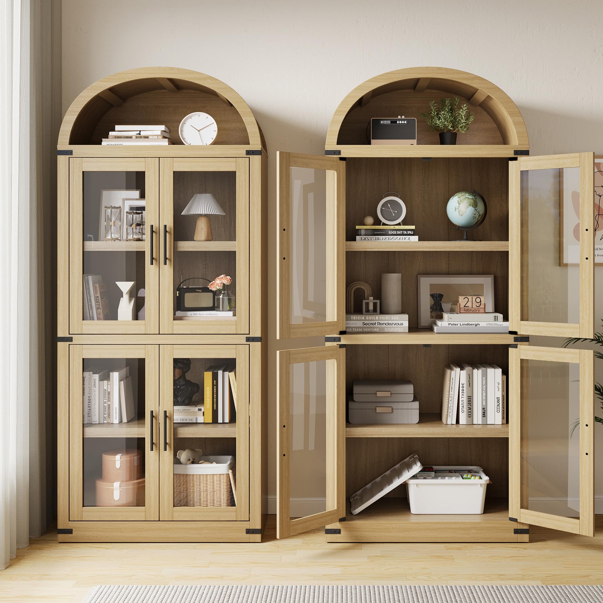 Garvee Wood Arched Bookcase with Glass Doors 5 Tier Storage Cabinet ...