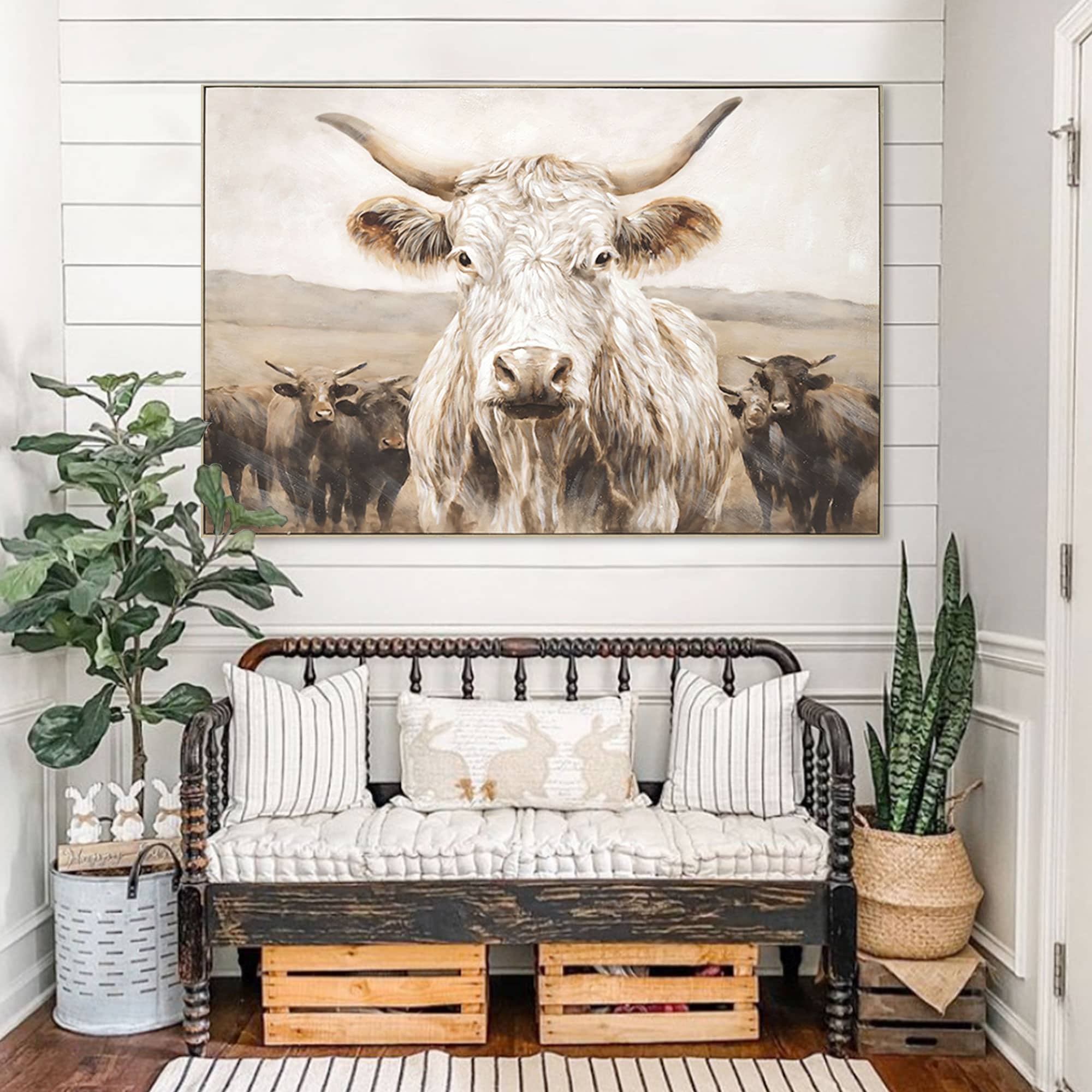 LOVMOR White Highland Cow Canvas Wall Art Modern Minimalist Animal Art ...