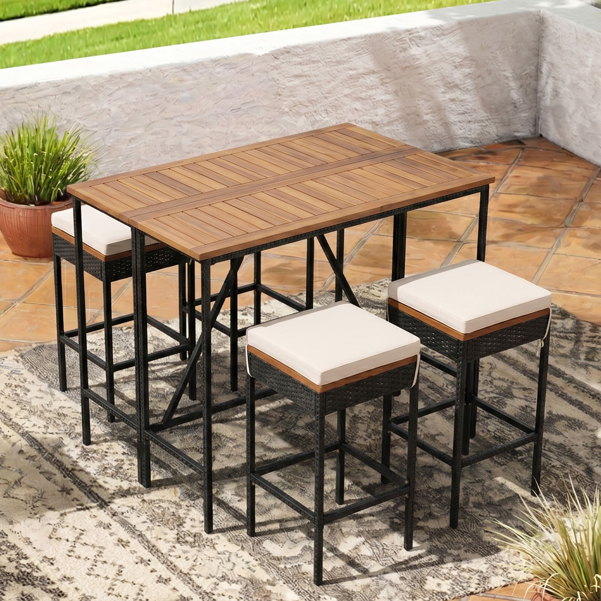 TEINIE 5-Piece Outdoor Bar Height Table and Stool Set with Foldable ...