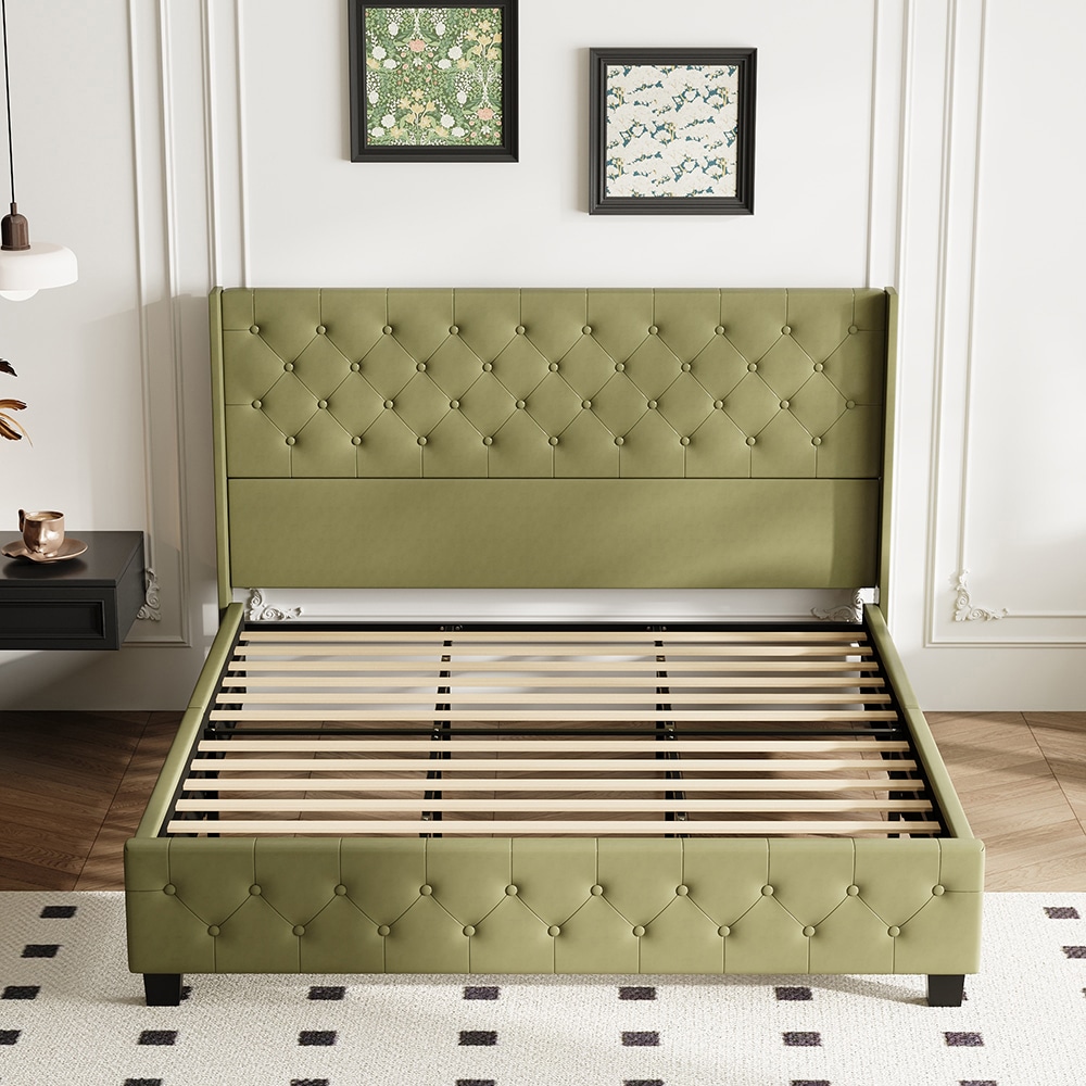 Homsee Green Leather and Iron Platform Bed with High Headboard and ...