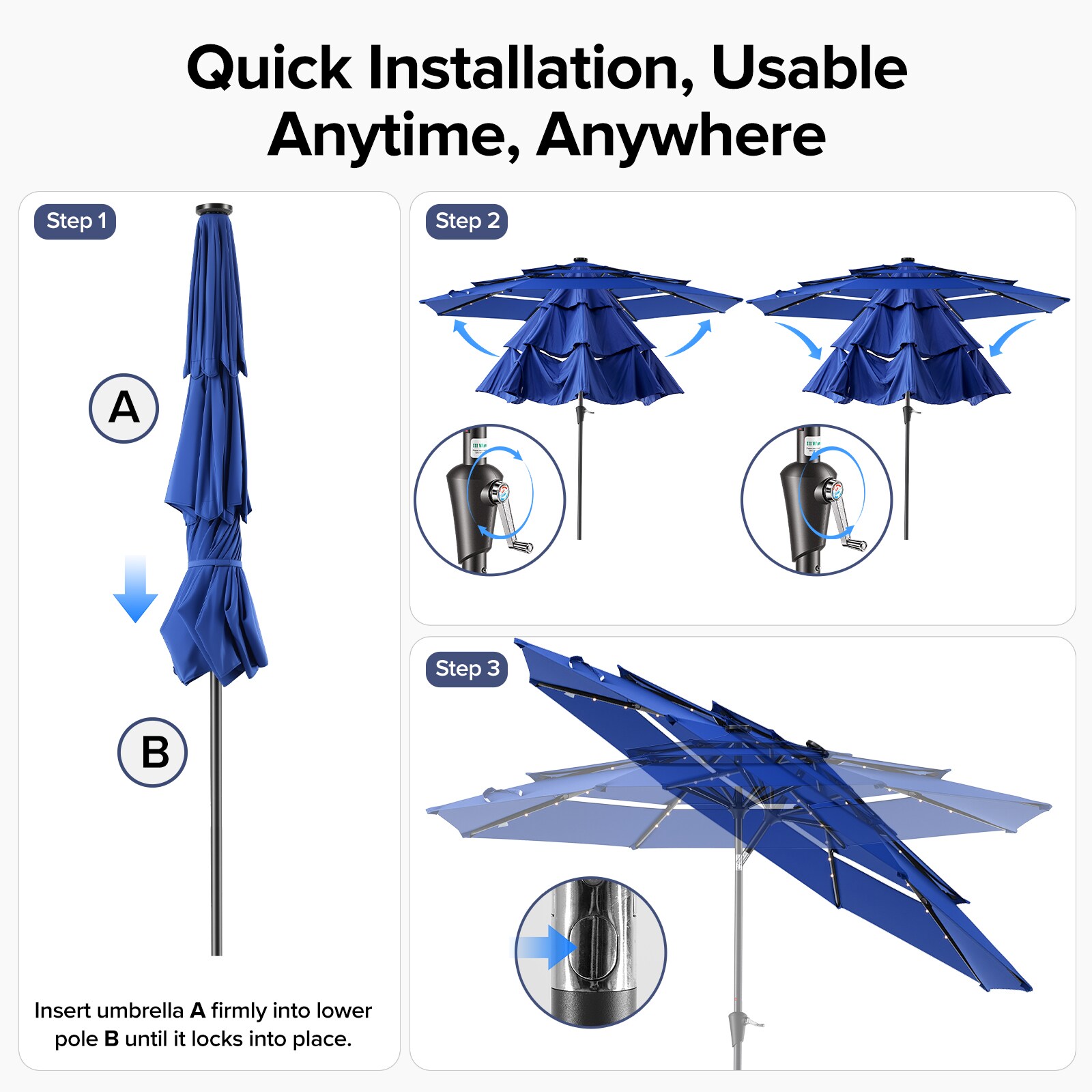 Sweetcrispy 10ft 3-Tier Iron Navy Solar Patio Umbrella with 32 LED ...