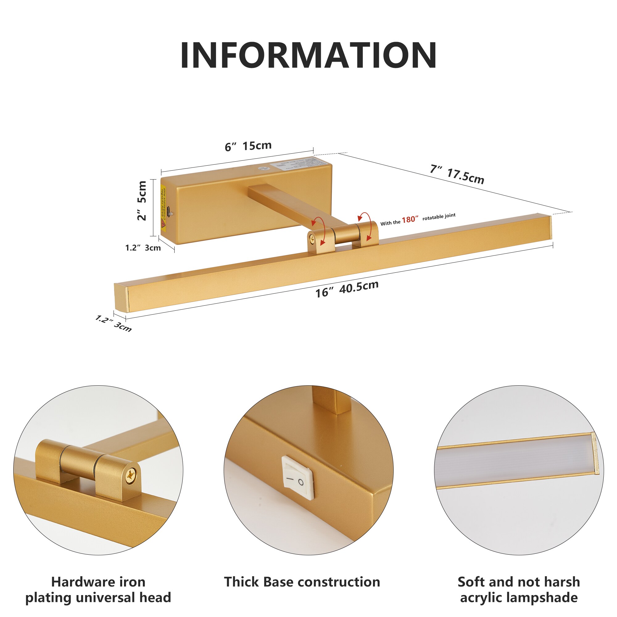 LOBREG 16 in Modern Gold Metal 180 Degree Rotatable Dimmable ...