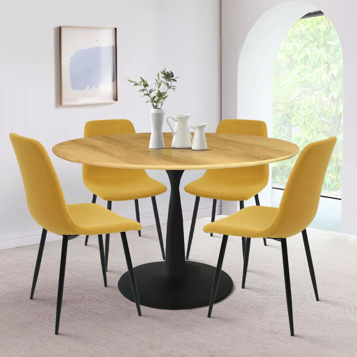 Maison Boucle 5-Piece Round Wood Grain Dining Table Set with 4 Yellow ...
