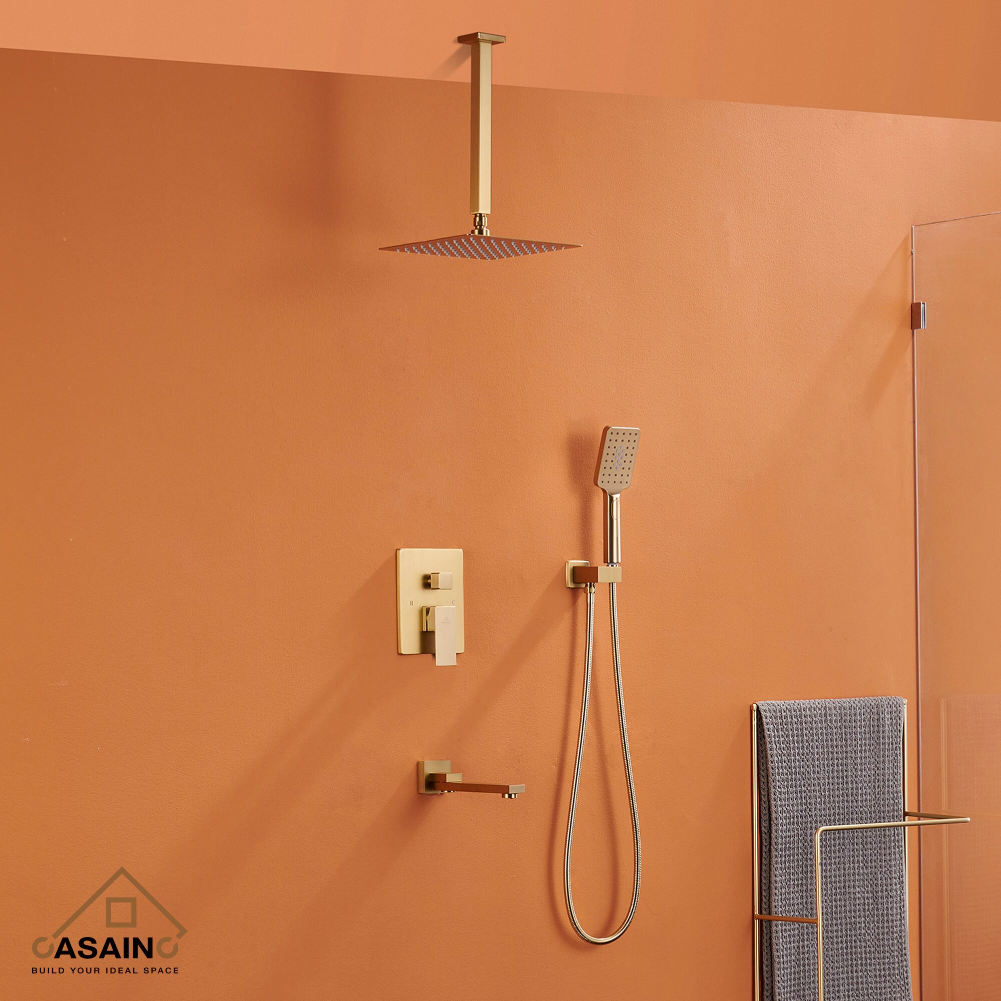 Casainc Brushed Gold 10 In Waterfall Built In Shower Faucet System With