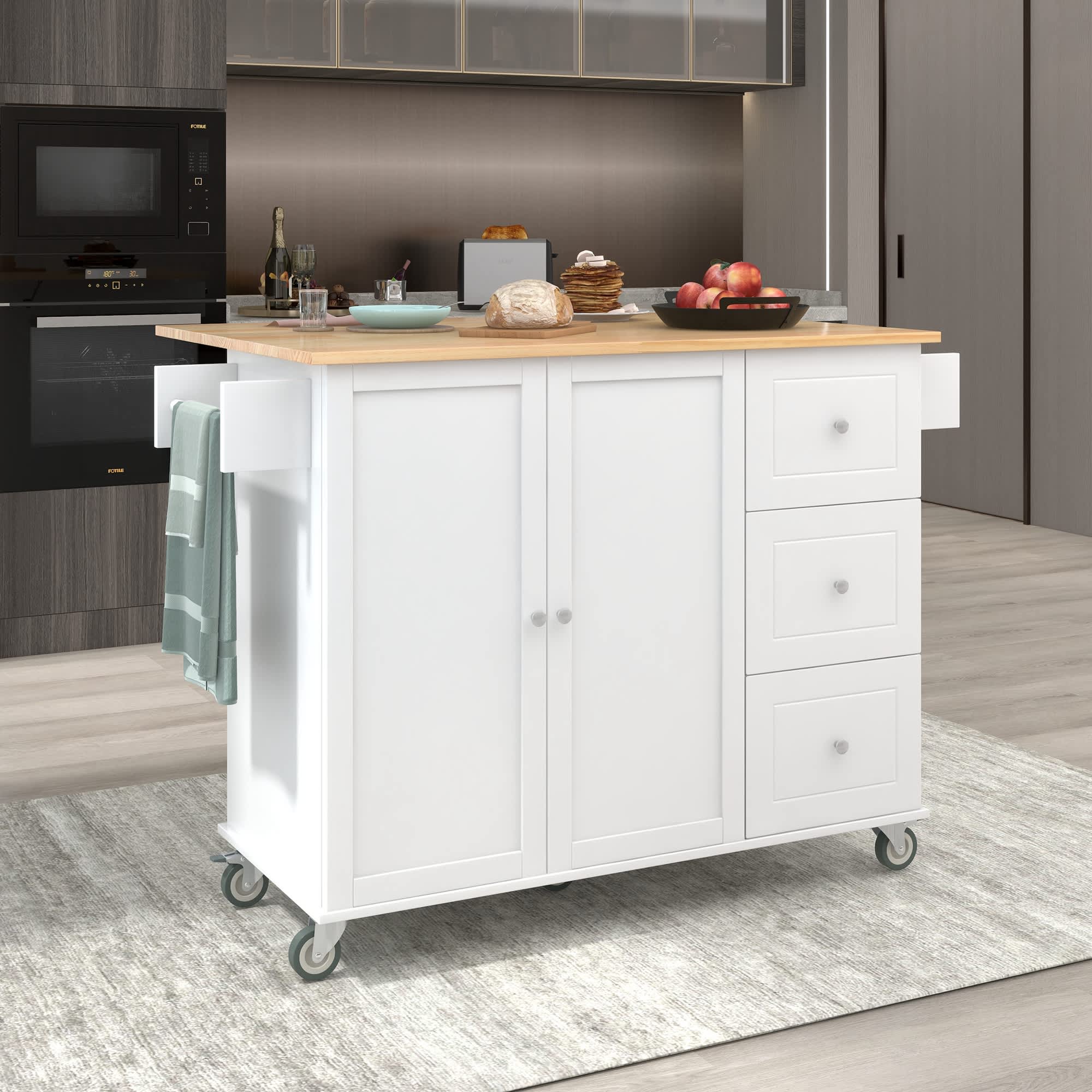 Etokfoks Rolling Mobile Kitchen Island Solid Wood Top Drop Leaf ...