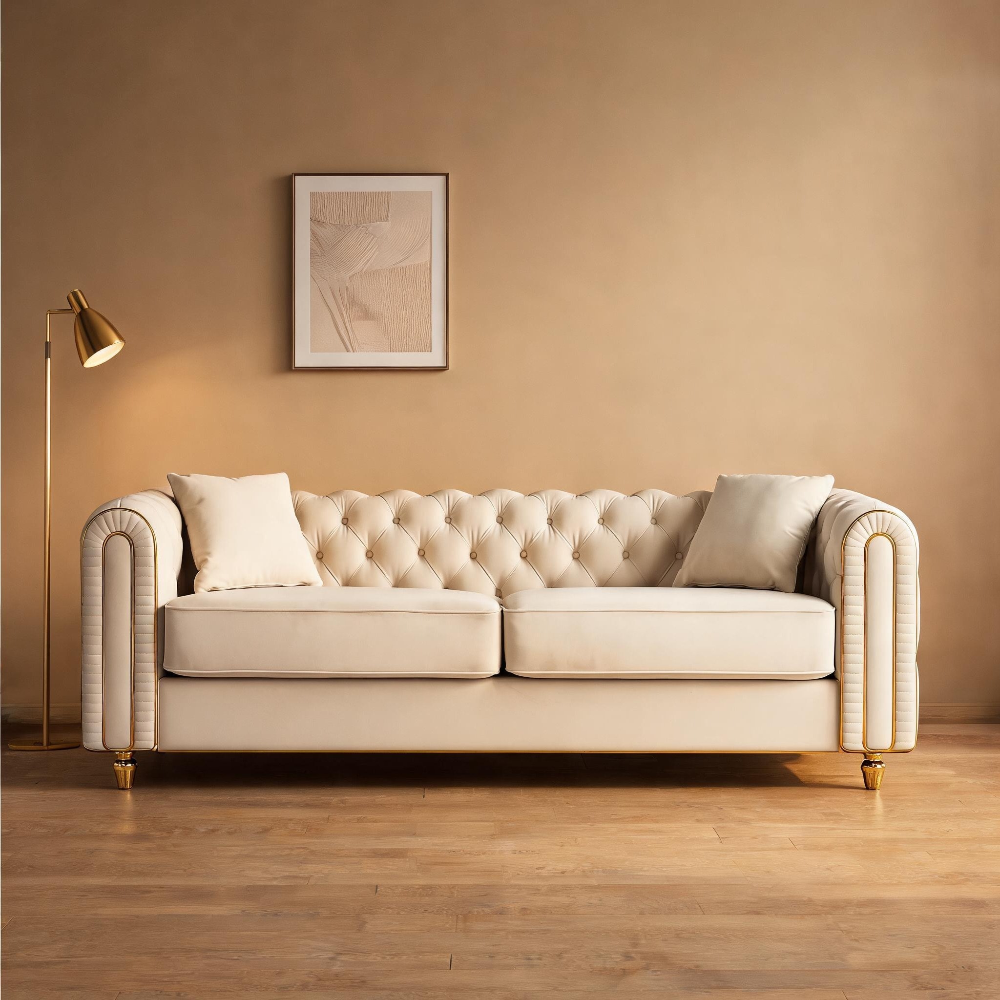 Naturefalls Living Room Sofa with Button Tufting Neutral Beige Velvet ...