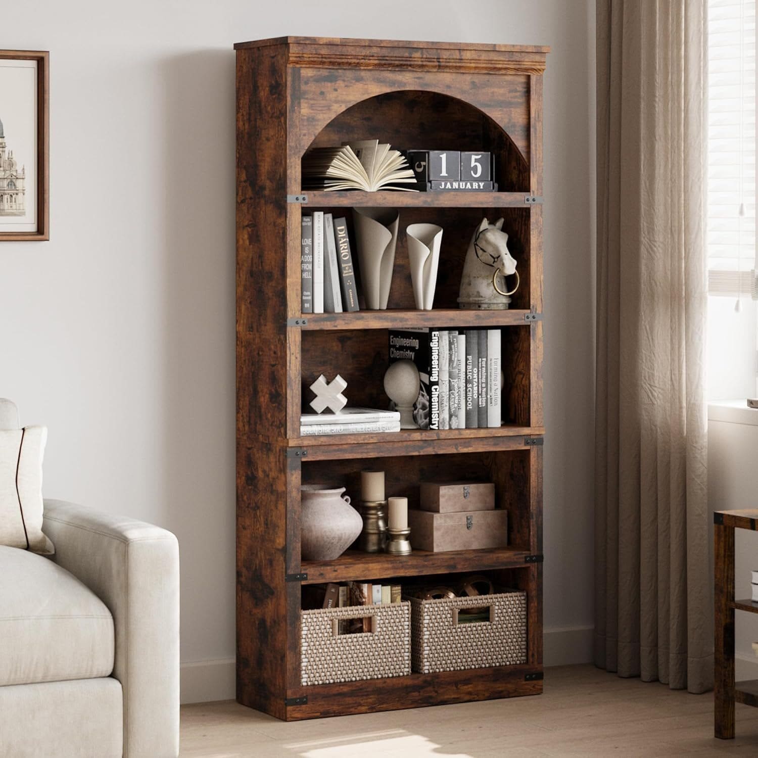 Garvee Farmhouse Arched Bookcase 68.7in Tall Bookshelf Wooden Base 5 ...