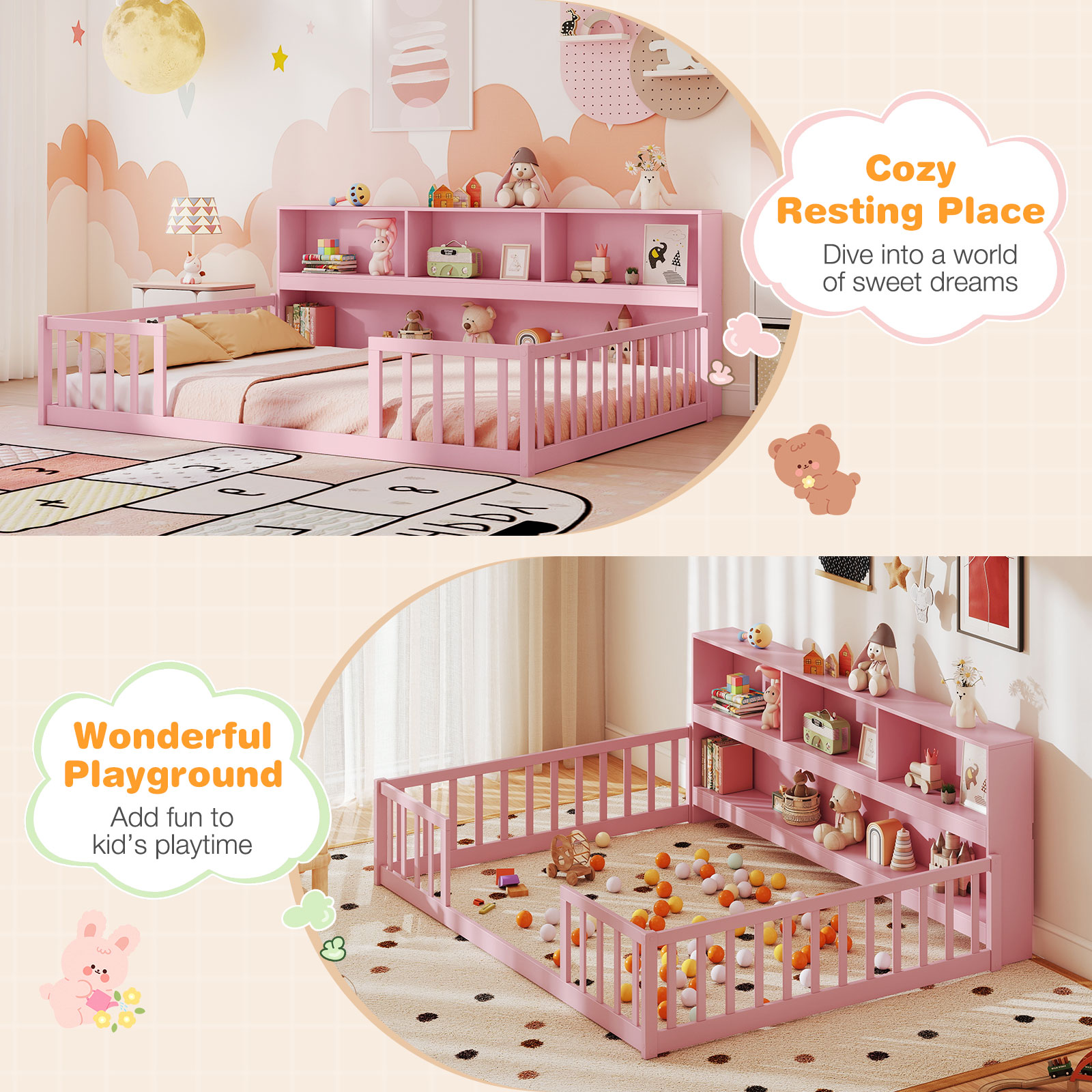 Volenca Twin Montessori Floor Bed with Bookcase Full-Length Fence Rails ...